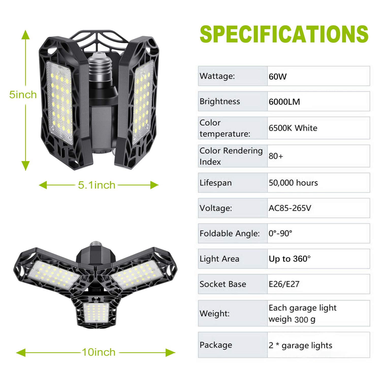 yoelike Led Garage Light 2 Pack, 60W Deformable Led Garage Lights Ceiling, 6000LM Bright Garage Light, 6500K 3 Adjustable Panels Shop Lights for Garage, Workshop, Warehouse, Barn, E26/E27
