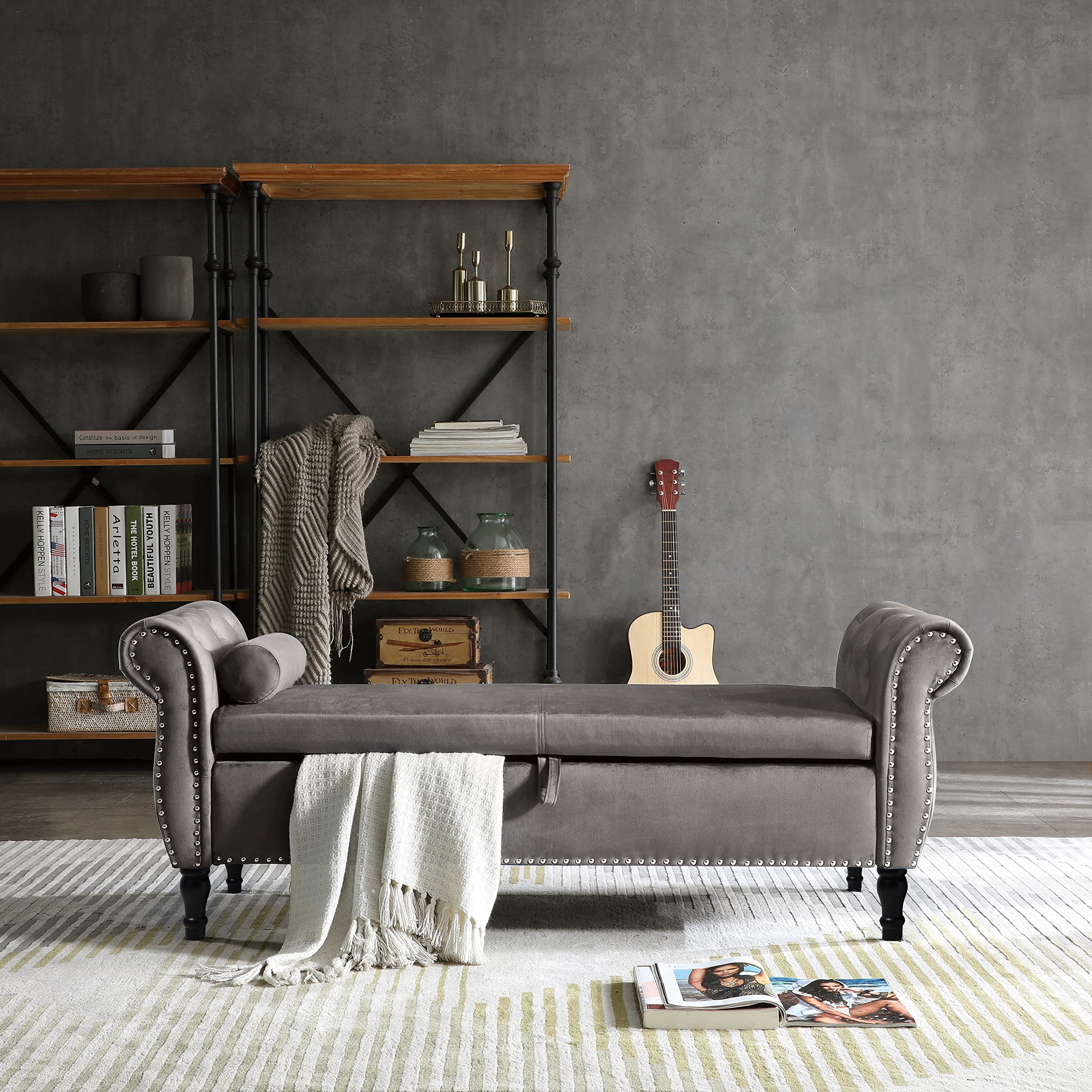 Yoglad Accent Lounge Chaise, Chesterfield Style Chaise Lounge, Upholstered Ottoman Chair, Button-Tufted Bench with Pillow for Living Room, Bedroom, Entryway (Grey, 63 Inch Storage Ottoman, Velvet)