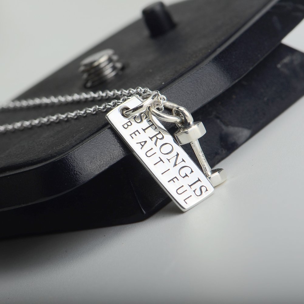 YFN Sterling Silver"Strong Is Beautiful" Engraved Dumbbell Barbell Gym Buff Pendant Necklace 18" (Strong is Beautiful Necklace)