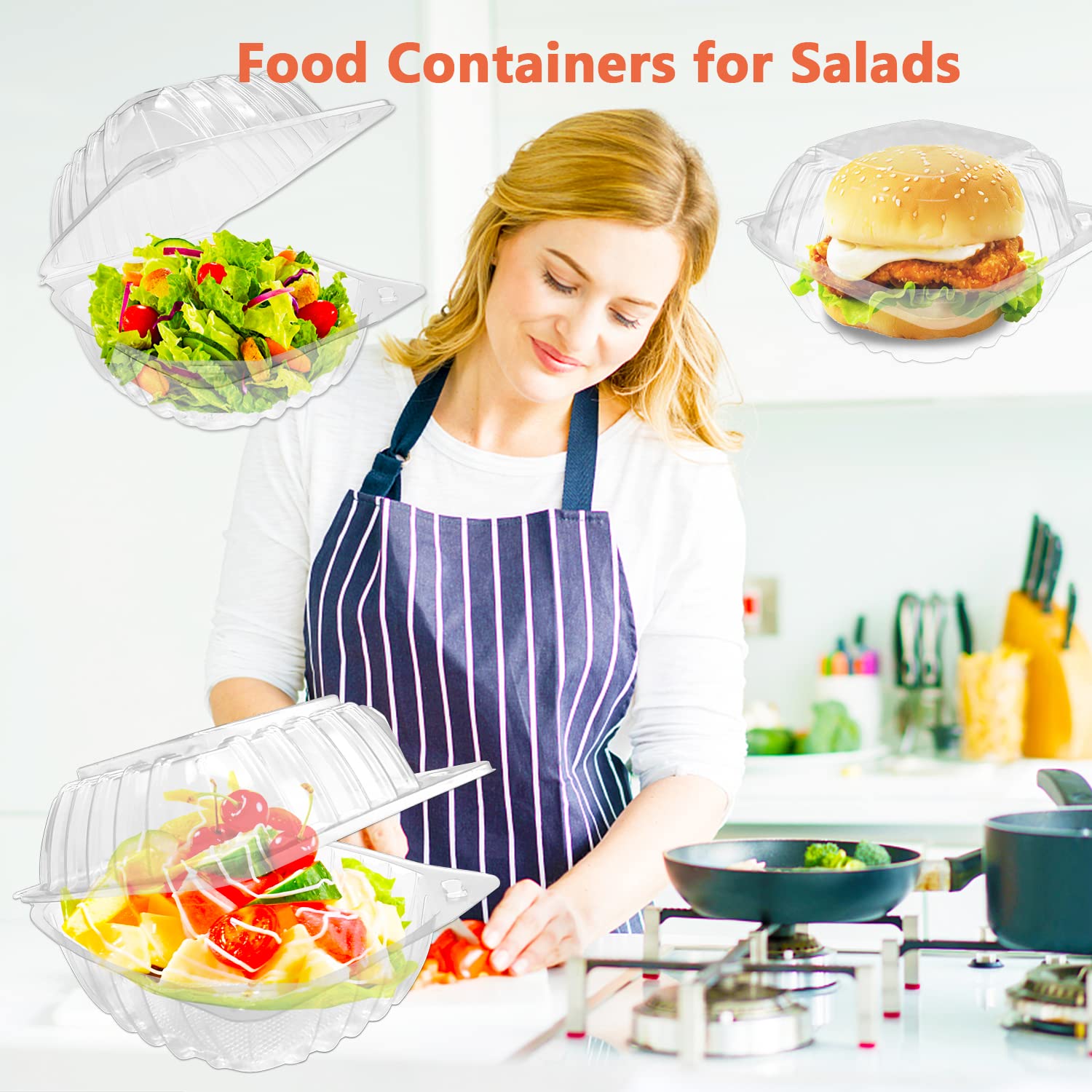 Szsrcywd 100 Pack Clear Hinged Plastic Food Containers,Clamshell Take Out Trays,Dessert Containers To Go Boxes for Salads,Pasta,Sandwiches,Cookie,5.7 x 5.7 x 3.4 Inch
