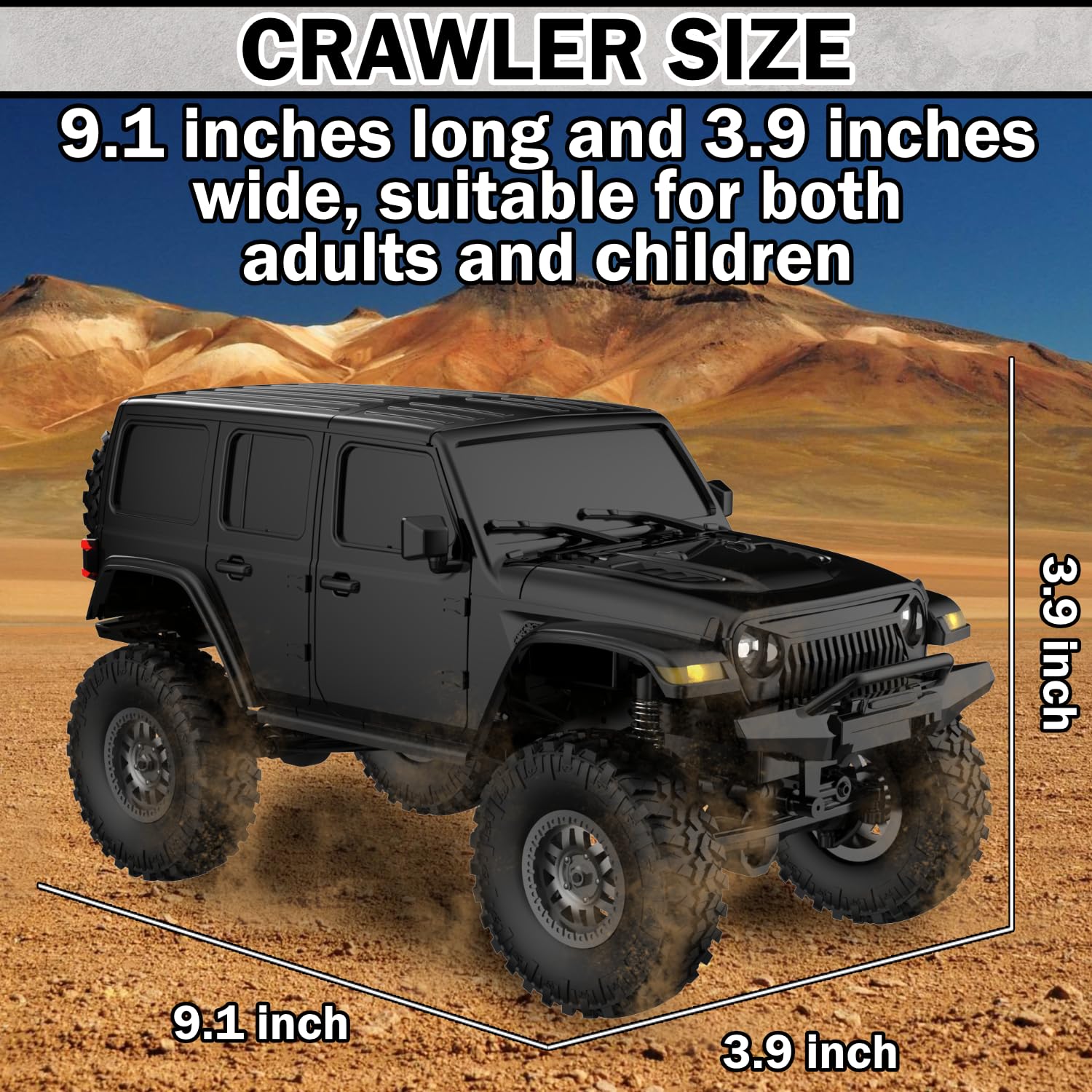 TOPMINO 4x4 Off Road RC Monster Truck with Bright Headlights, 2 Batteries, Waterproof - Climbing Remote Control Car for Kids, Black