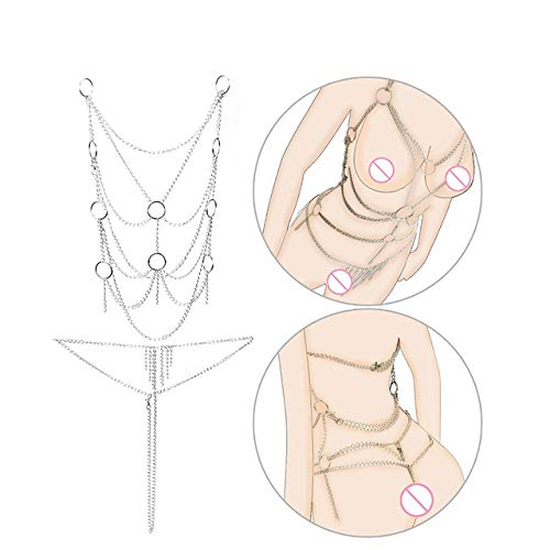 Women's Lingerie Chain Set Cross Enticing Tassel Body Link Harness Metal Chain Set Metallic