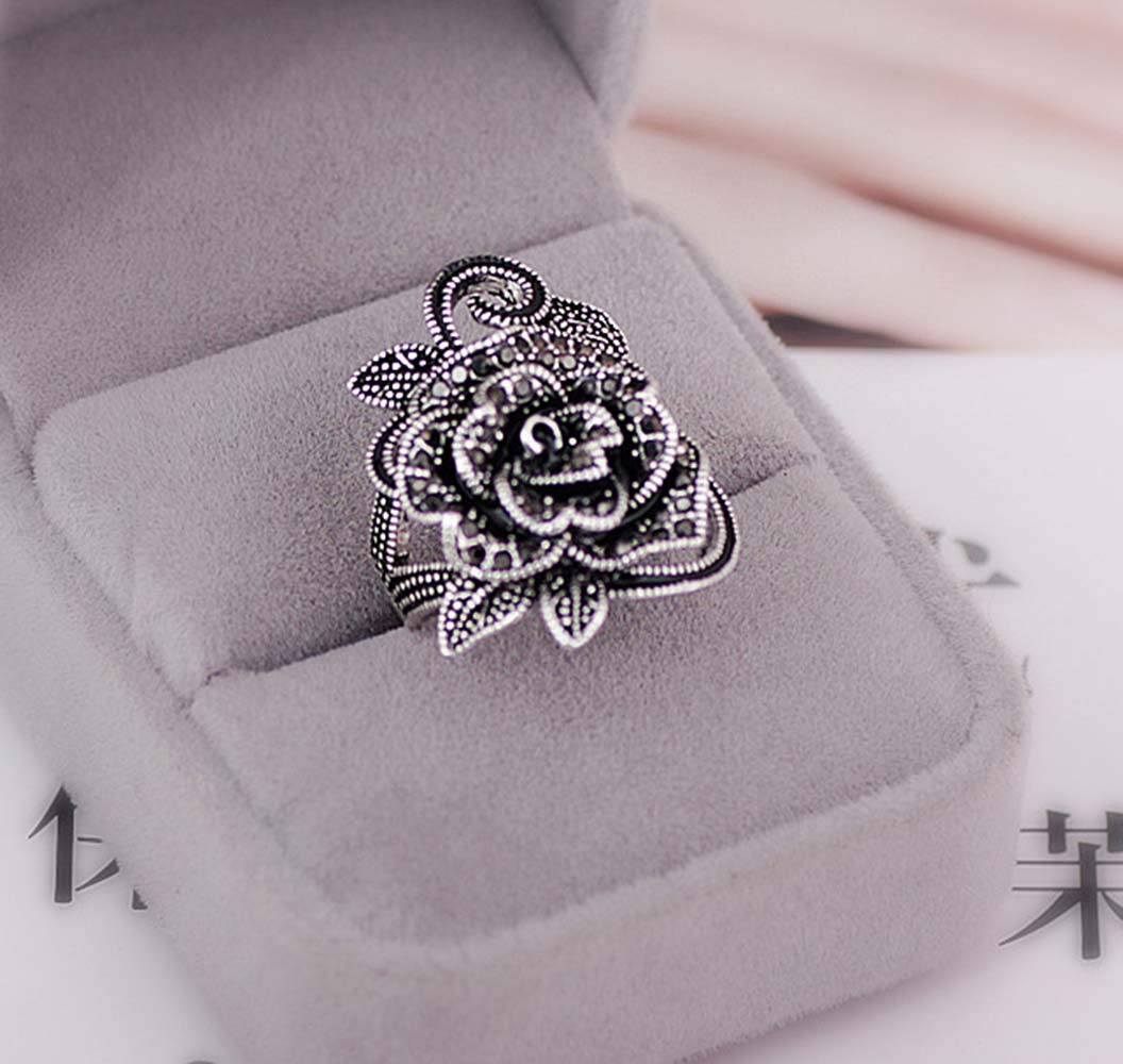 Yfnfxl Women's Cocktail Ring Fashion Black Crystal Marcasite Rose Flower Stainless Steel Rings