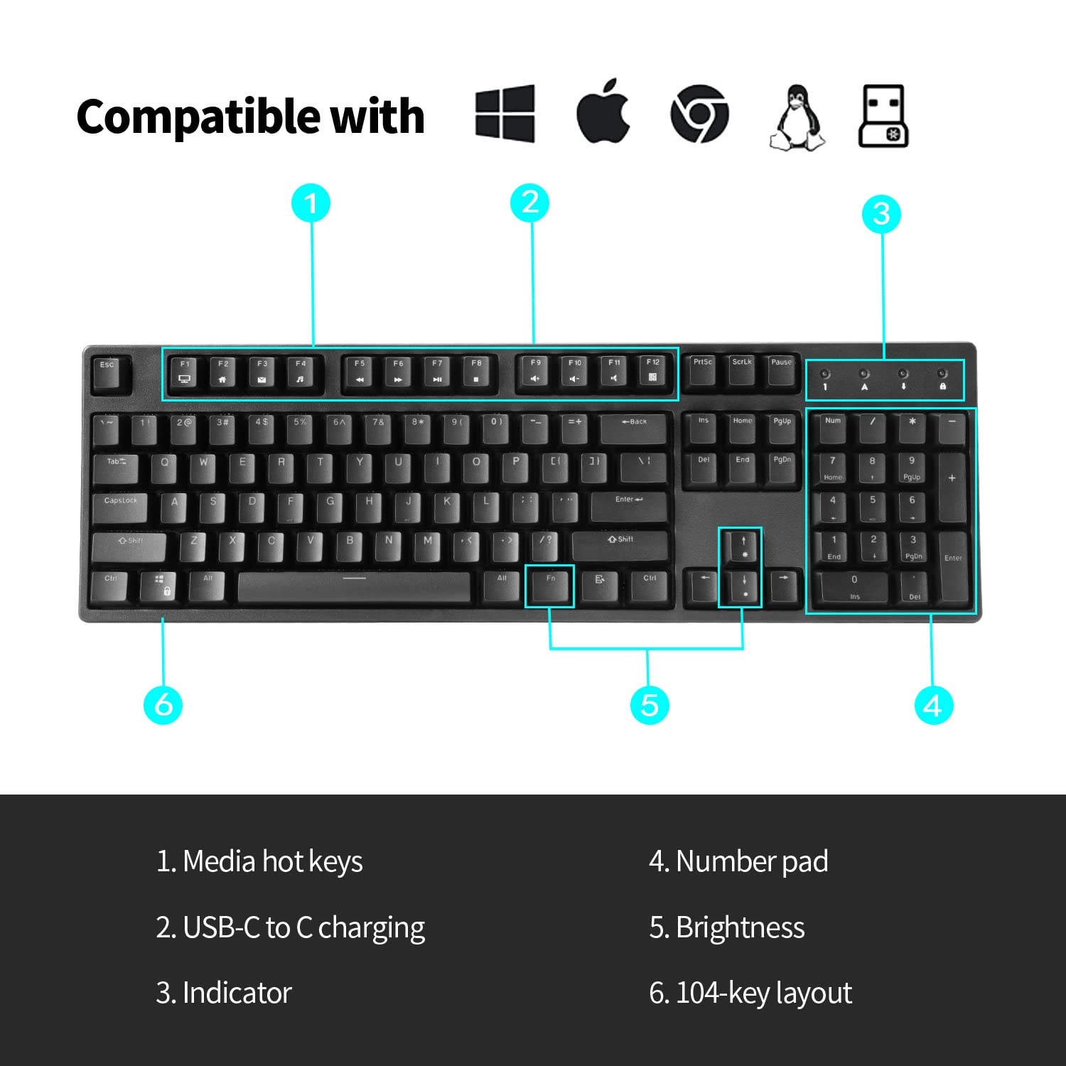 VELOCIFIRE Wireless Mechanical Keyboard Ergonomic, VM02WS 104-key Full Size with Brown Switches White Backlit & High Battery Lasting for Copywriters, Typists, Programmer(Black)