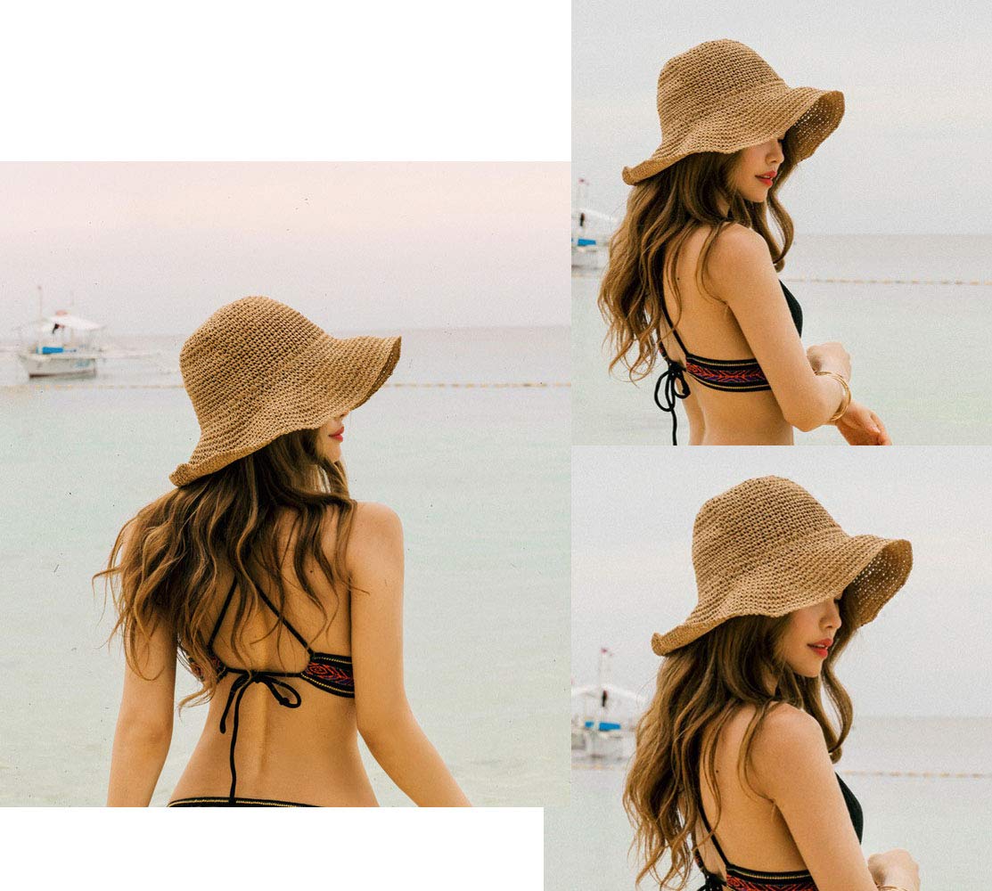 Women's Wide Brim Sun Protection Straw Hat,Folable Floppy Hat,Summer UV Protection Beach Cap (one Size, 1pcs-Khaki-tz)