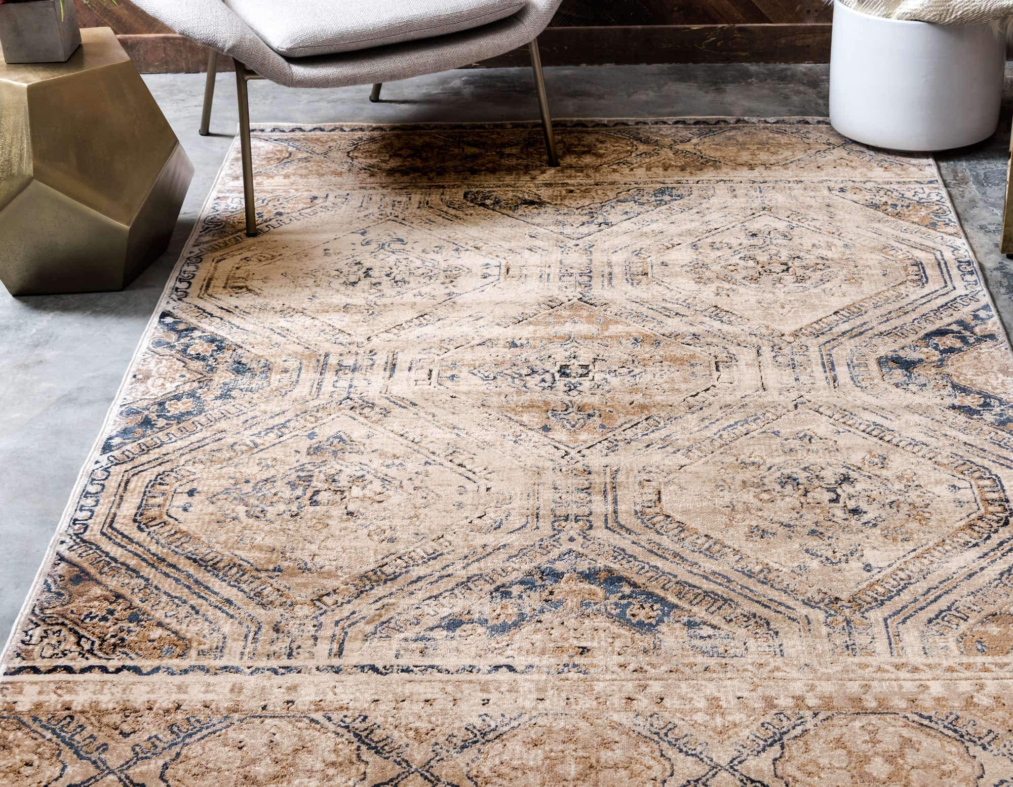 Unique Loom Chateau Collection Geometric, Vintage, Textured, Distressed, Traditional Area Rug, 5' 0" x 8' 0", Beige/Navy Blue