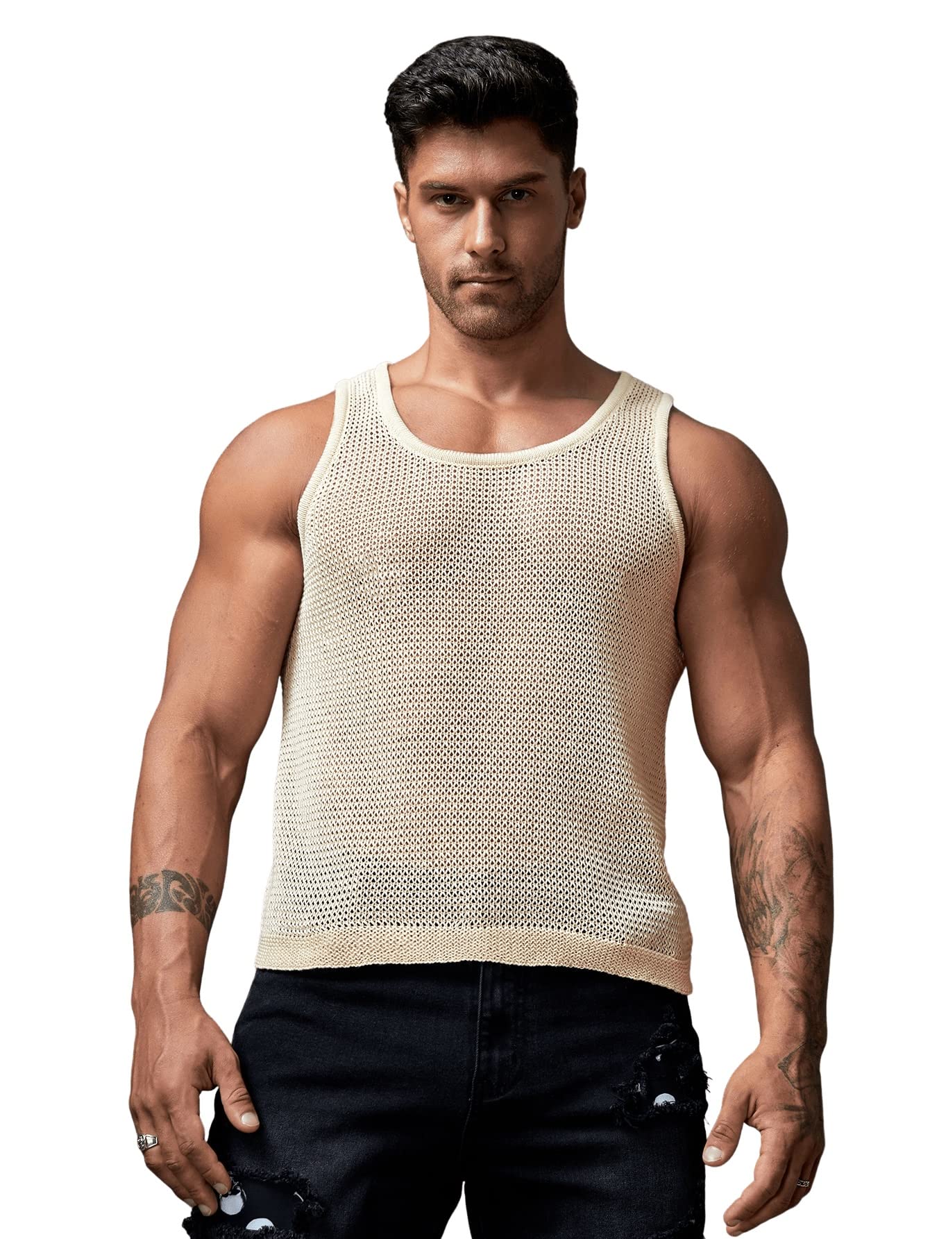 Verdusa Men's Casual Sleeveless Round Neck Sheer Knitted Tank Muscle Top Beige XL