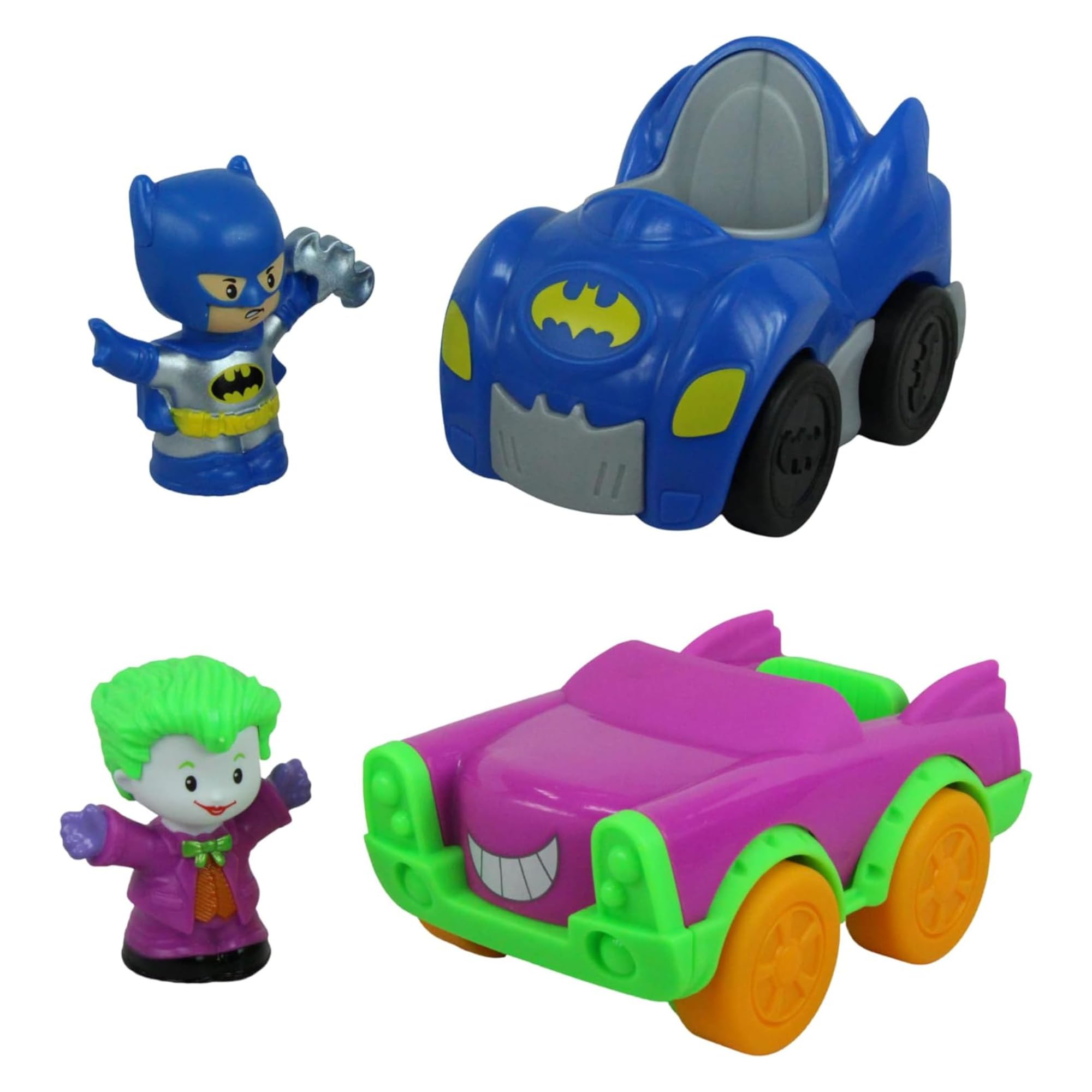 Toptoys2u Bargain Bundles Little People DC Super Friends Large 5" 12cm Wheelies Twin Pack - Includes Batman, Batmobile, Joker & Jokermobile