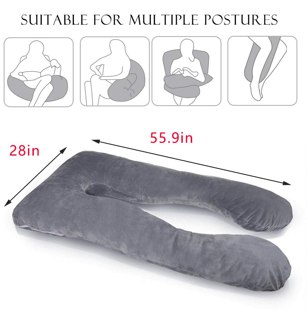 SWDPORT U Shaped Pregnancy Pillow, Full Body Maternity Pillows, Sleeping On Side with Zipper Removable Velvet Cover, Support Abdomen/Waist/Back/Head (Pink)