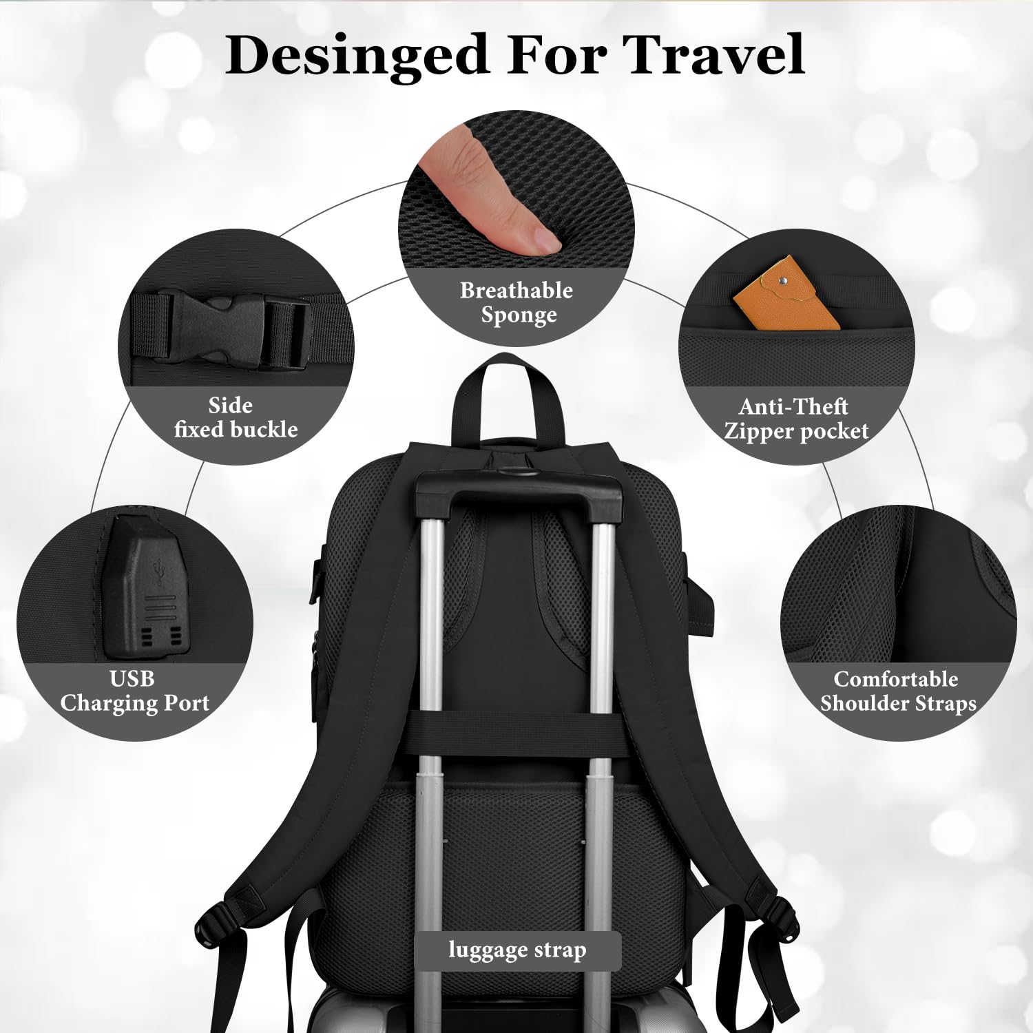 ZOMFELT Travel Backpack, Carry on Backpack Flight Approved with Shoes Compartment, 17.3 Inch Laptop Backpack with USB Charging Port, Waterproof Hiking Backpack Casual Bag for College Travel Work,Black