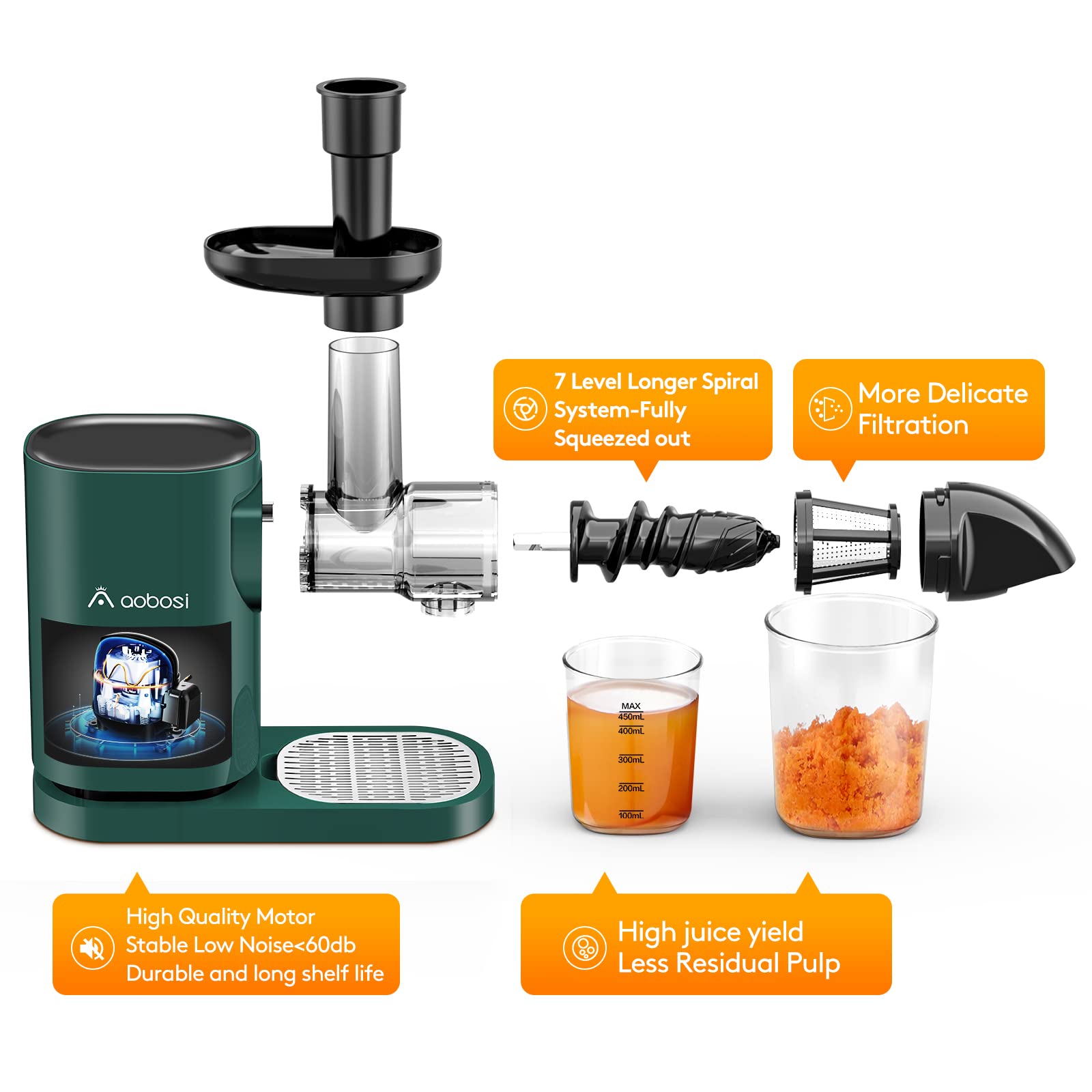 Slow Masticating Juicer, AAOBOSI Juicer Machines with Quiet Motor/Reverse Function/Easy to Clean Brush - Delicate Crushing Without Filtering - Cold Press Juicer for Fruit and Vegetable, Green