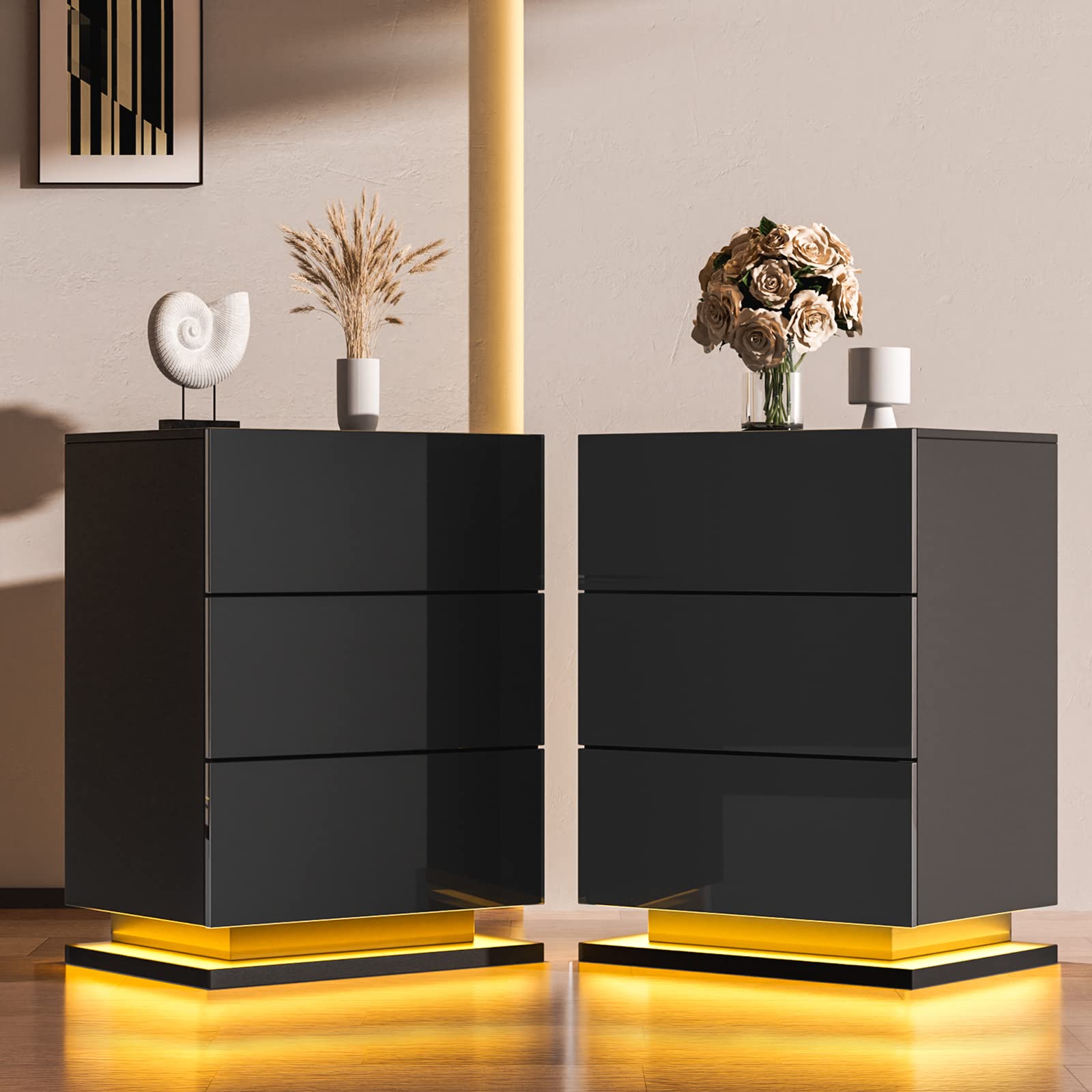 YILQQPER Nightstand Set of 2 with LED, End Tables with 3 Drawers and I Flapping Top Box, Night stand for Bedroom, Living Room, Modern Tall Bedside Table with High Gloss Panel (Gloosy White)