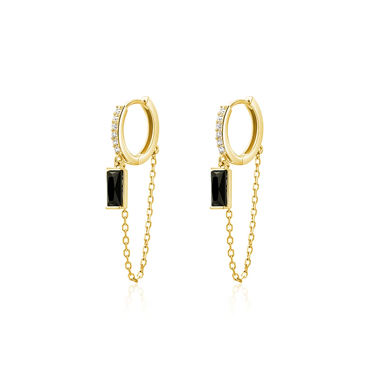 SLUYNZ 925 Sterling Silver Dangle Hoop Earrings for Women Minimalist Black CZ Hoop Earrings Tassel Chain (B-Gold Plated)