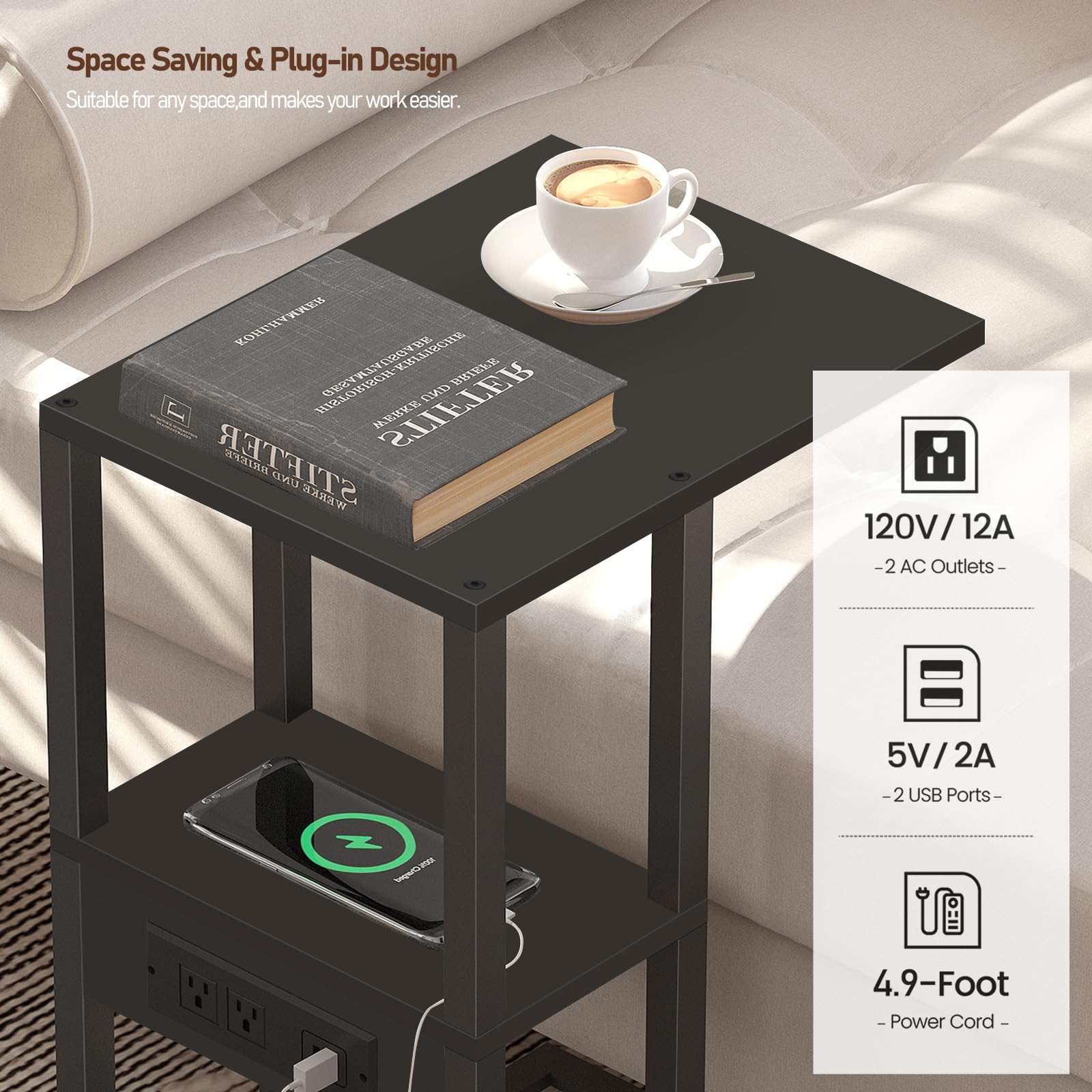 TUTOTAK Side Table with 2 USB Ports and Outlets, C Shaped End Table with Charging Station, Snack Table for Couch and Bed, Small Sofa Table for Small Spaces, Living Room, Bedroom, Greige TB01BG043