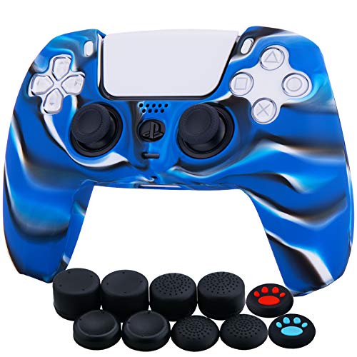YoRHa Silicone Thickened Cover Skin Case for PS5 Dualsense Controller x 1(Camouflage Blue) with Thumb Grips x 10