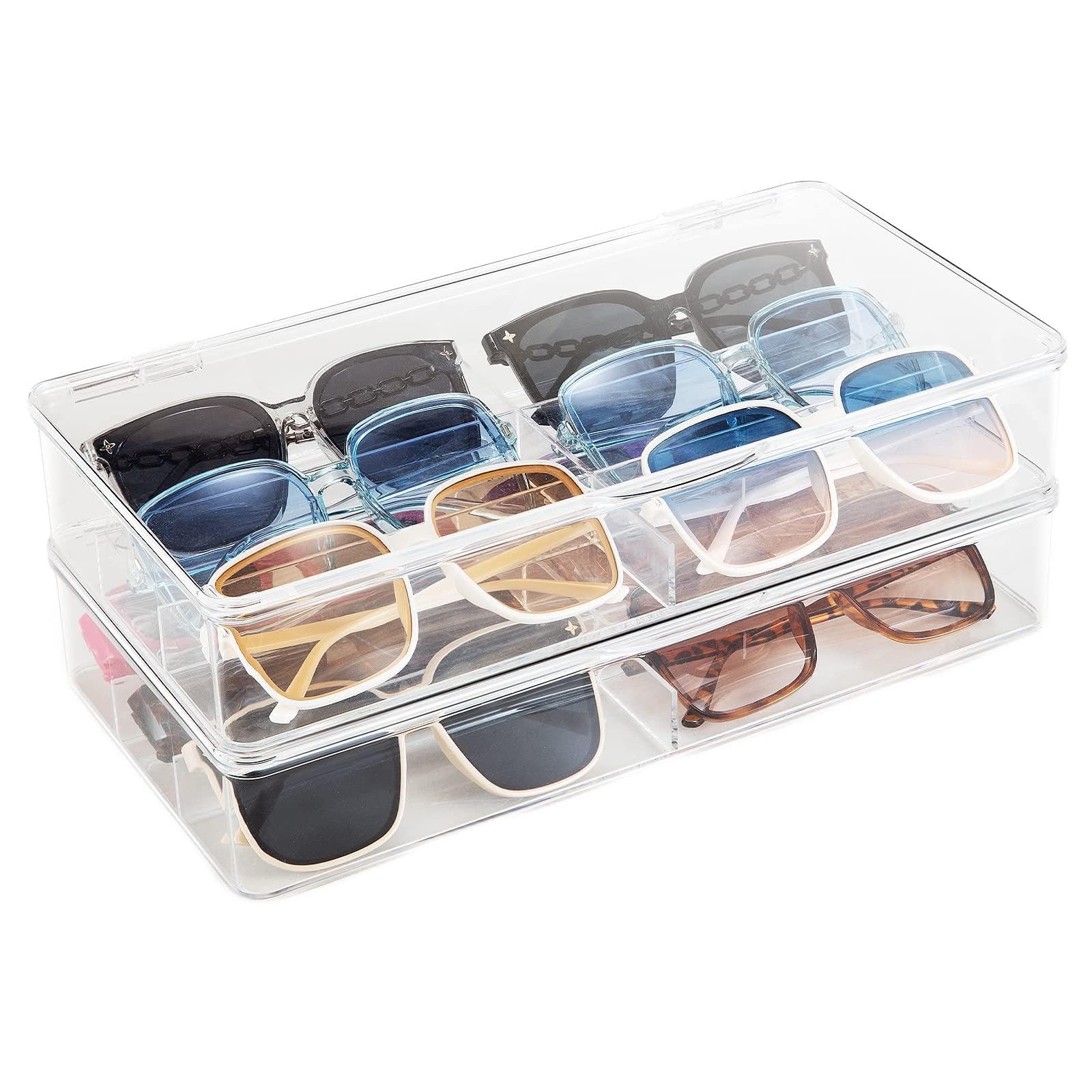 Yiktop Acrylic Eyeglass Organizer, Stackable Sunglasses Case Storage Organizer with Lid - 2 Pack