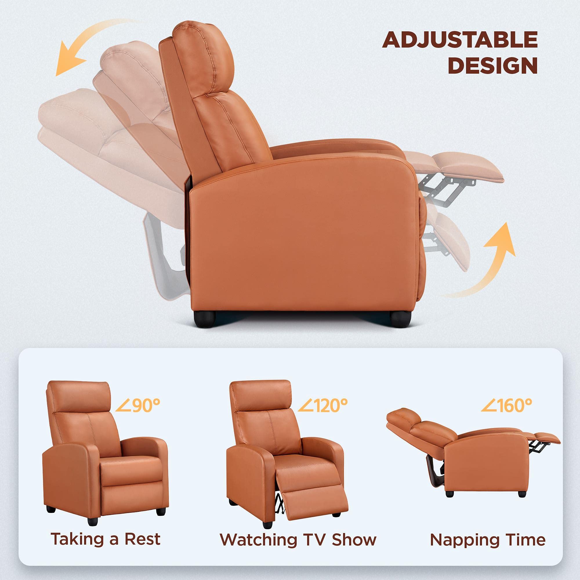 Yaheetech Recliner Chair PU Leather Recliner Sofa Home Theater Seating with Lumbar Support Overstuffed High-Density Sponge Push Tan Recliners