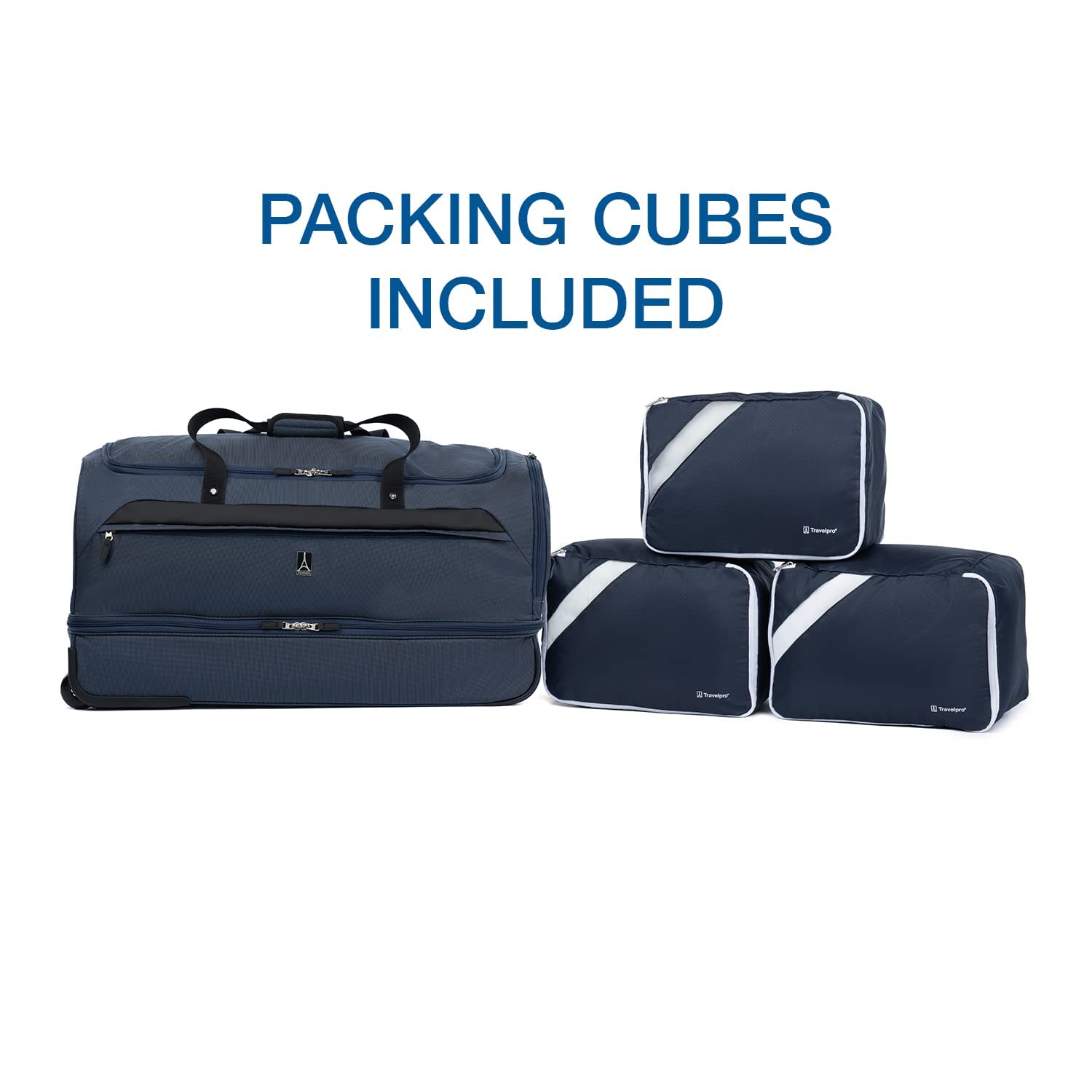 Travelpro Roadtrip 30" Drop-Bottom Wheels Rolling Duffel Bag Luggage 3 Large Packing Cubes Included Men, Women, Navy, Inch