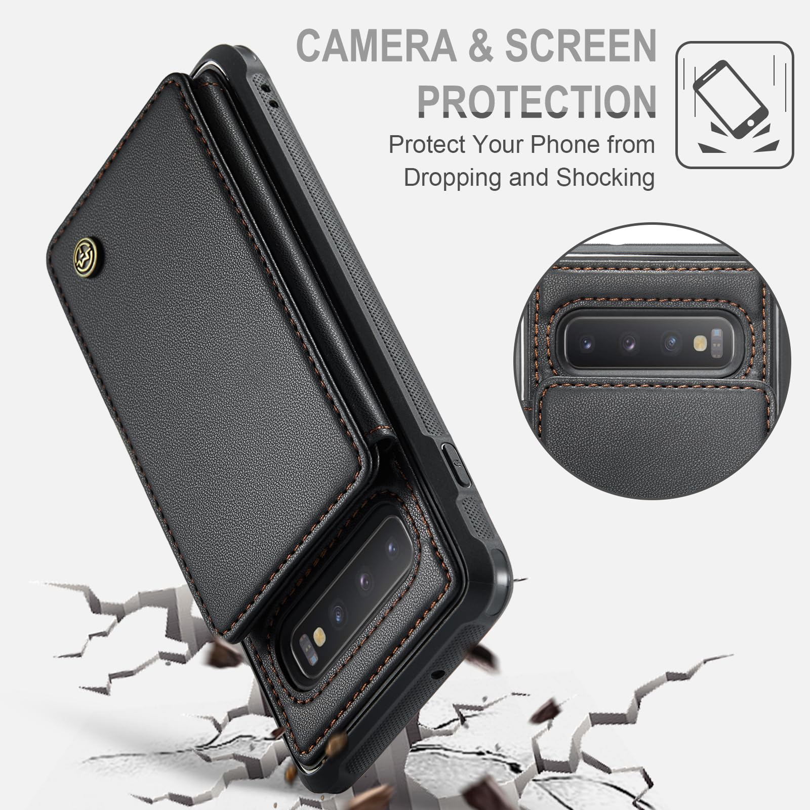 Vinich for Samsung Galaxy S10 Plus Case with Card Holder, for Samsung S10 Plus Wallet Case for Women Men with RFID Blocking, Durable Kickstand Shockproof Case for Galaxy S10 Plus 5G, Black