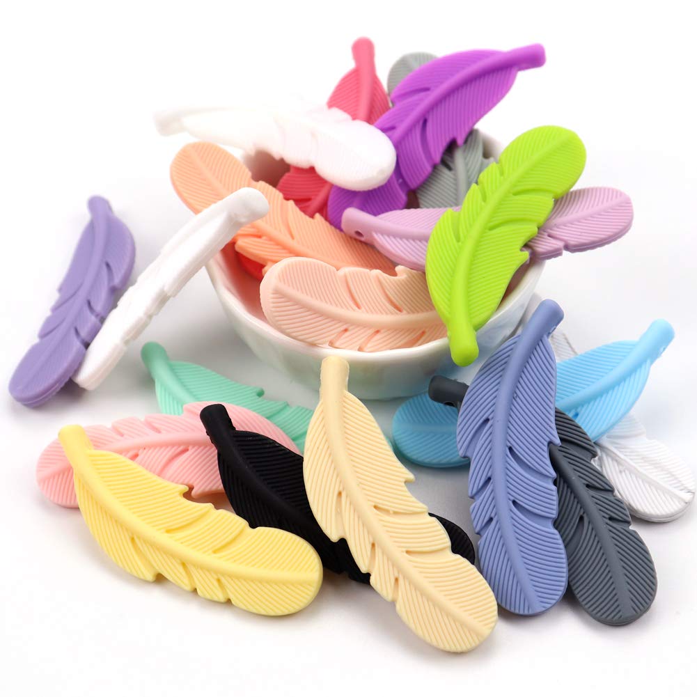 Weekjoey 20Pcs Feather Silicone Beads Jewelry Makeing DIY Bracelet Necklace Pendant Mix 20 Colors Soft Colorful Loose Beads Handmade Supplies