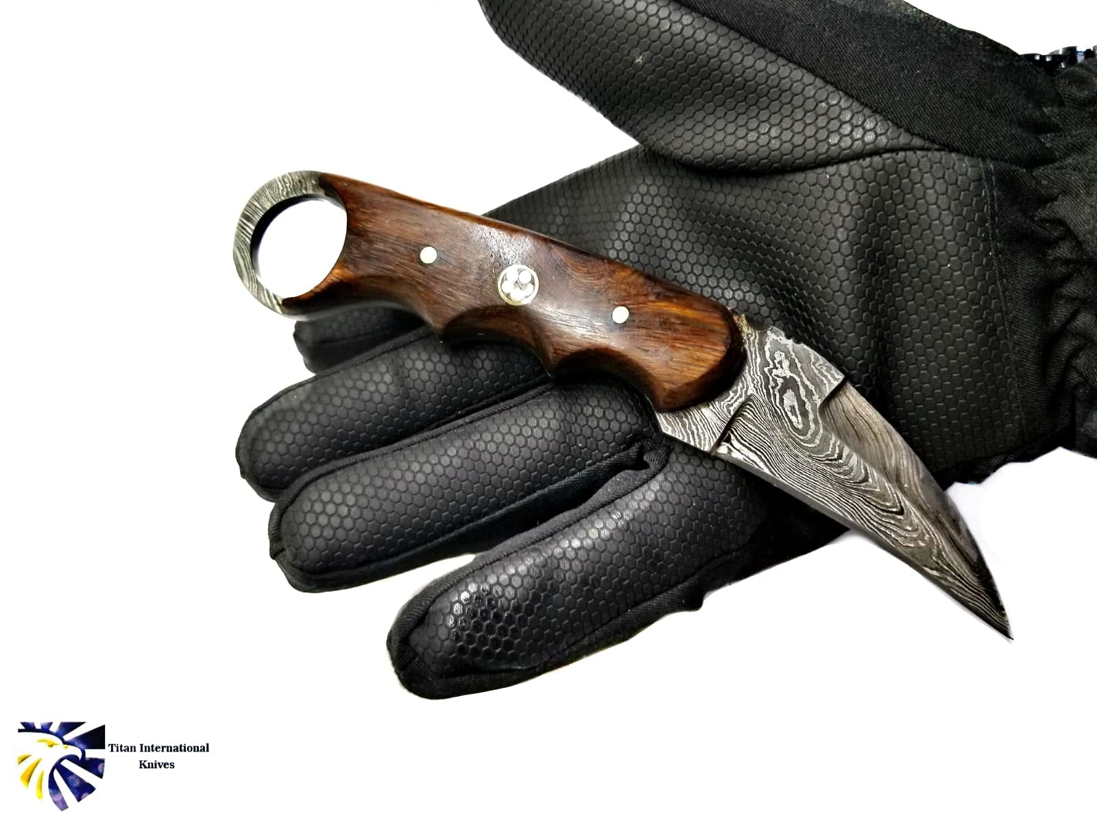 Titan International Knives Damascus Steel Karambit with Rose Wood Scales and Single Edge