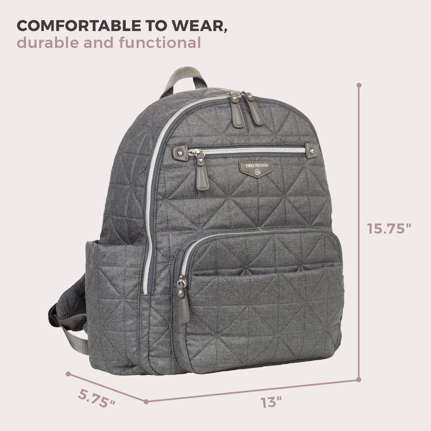 TWELVElittle Companion DiaperBag Backpack (Grey Nylon) 2.0 - Includes Changing Pad. Insulated pockets. Fashionable Diaperbag Backpack
