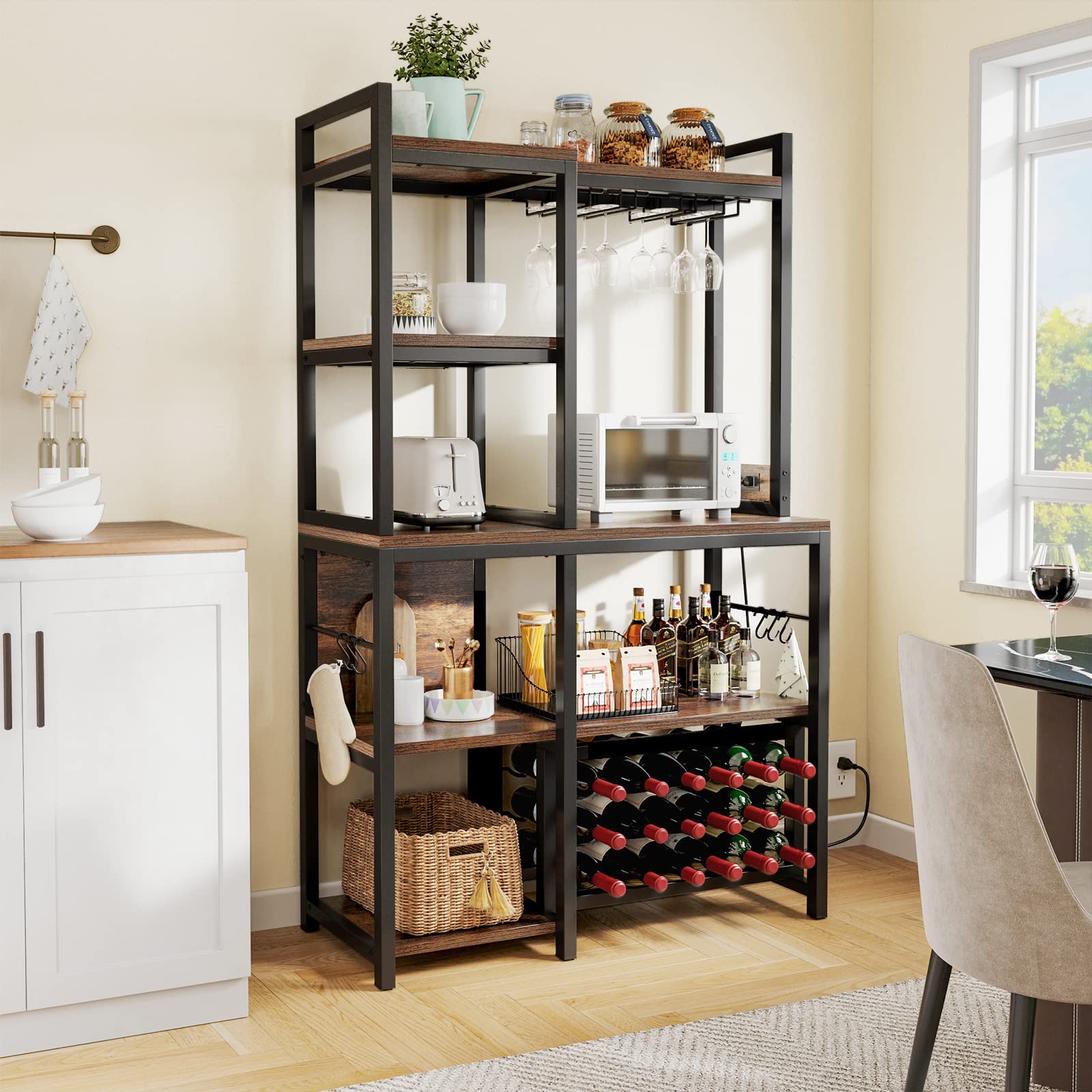 YITAHOME Kitchen Microwave Bakers Stand Wine Rack, Coffee Bar Storage for Liquor Glasses Power Outlet, Wine Rack Freestanding Floor Tall Farmhouse Shelf Dining Room Hutch 35 Inch Large, Rustic Brown