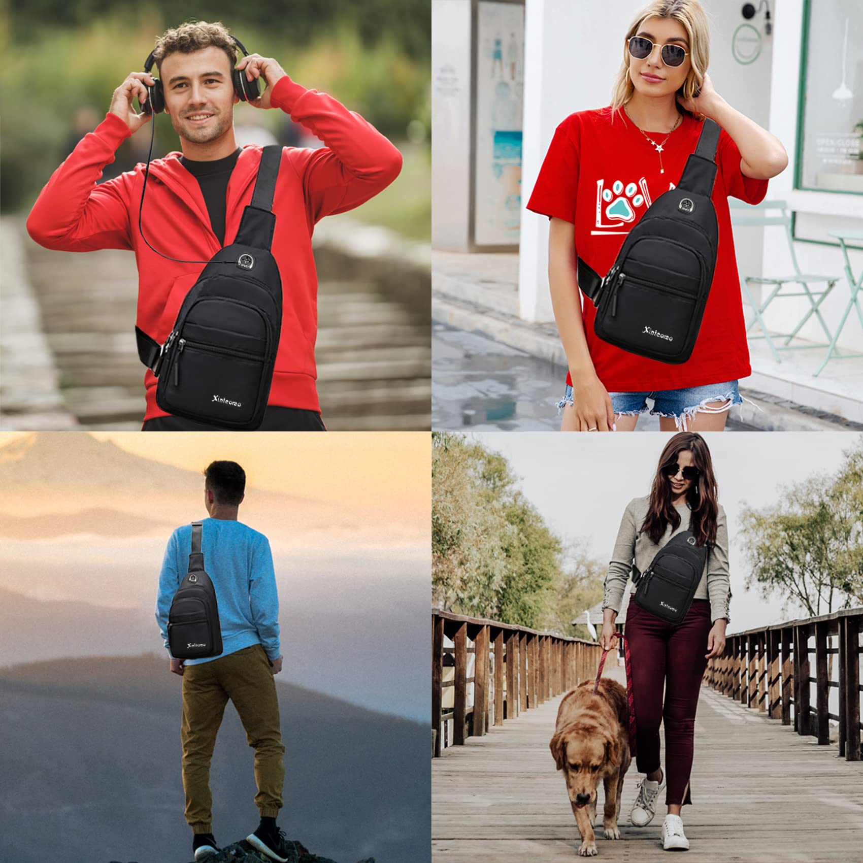 Xinteorao Sling Bag for Women Men Chest Bag One Strap Shoulder Crossbody Sling Backpack for Travel Running Hiking Black