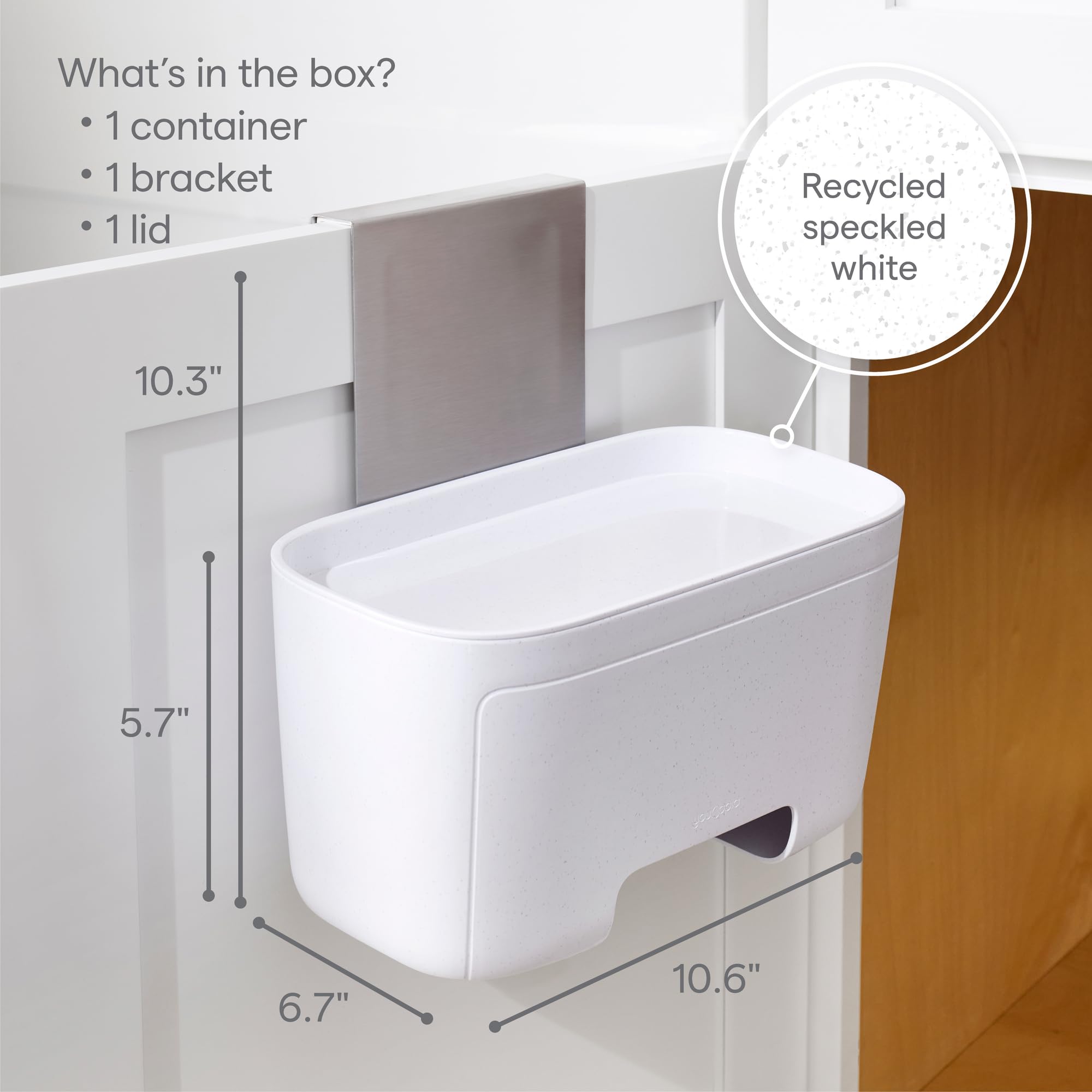 YouCopia DoorStash Garbage Bag Dispenser, Hanging Kitchen Cabinet Door Organizer with Removable Lid for Storage, Speckled White