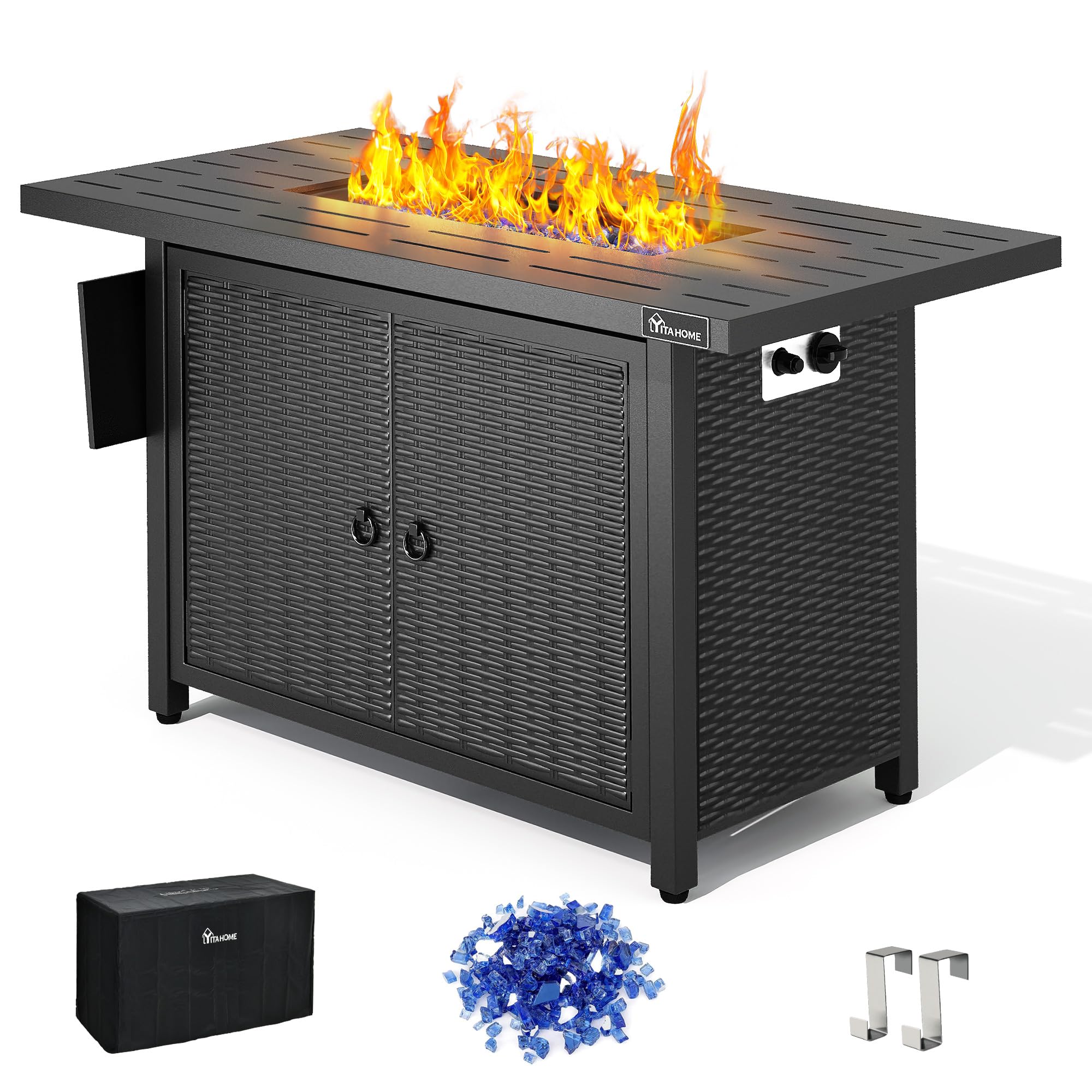 YITAHOME 43 Inch Propane Fire Pit Table and Resin Wicker Base, 50,000 BTU Gas Fire Pit with Ignition Systems, Iron Tabletop, Fire Glass Beads, Cover, Lid Hanger, Rectangle Outdoor Firetable for Patio