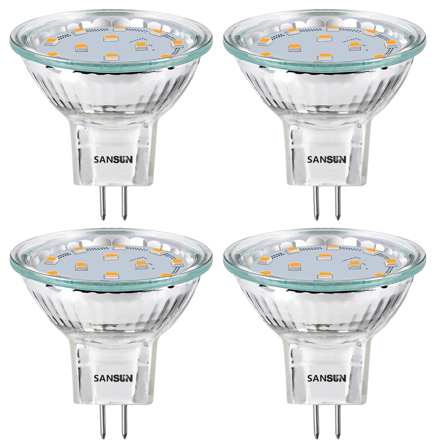 SANSUN 3W MR11 LED Landscape Light Bulbs, Low Voltage 12V 20W Halogen Replacement for Outdoor Landscape Spotlight and Indoor Track Light, GU4 Bi-Pin Base, Soft White 3000K, Non-Dimmable, (Pack of 4)