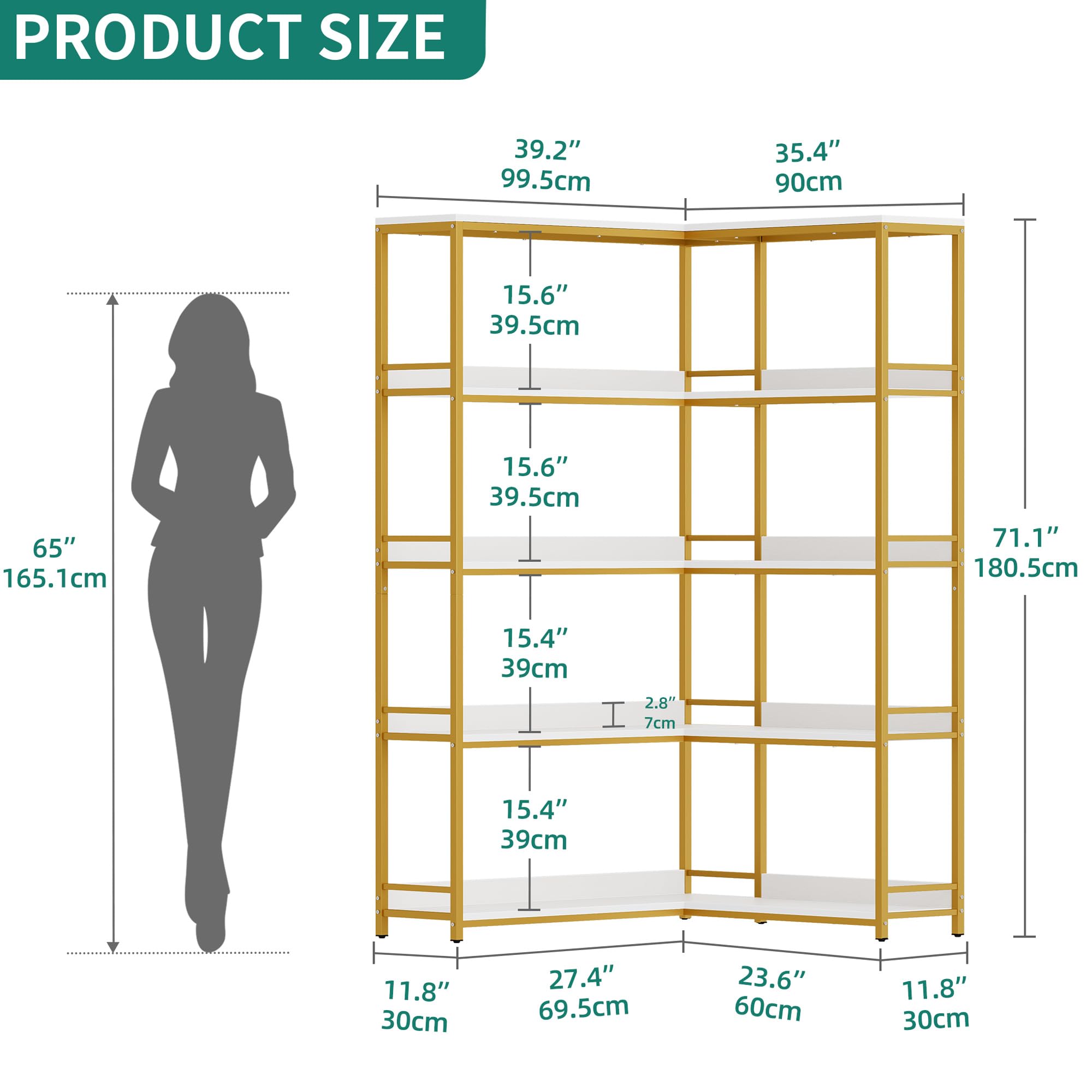 YITAHOME 5 Shelf Bookcase Large Gold Bookshelf, 5 Tier Open Corner Bookshelf, 71" Tall Modern Display Rack Storage Shelves for Living Room, Bedroom, Home Office, Kitchen, White & Gold