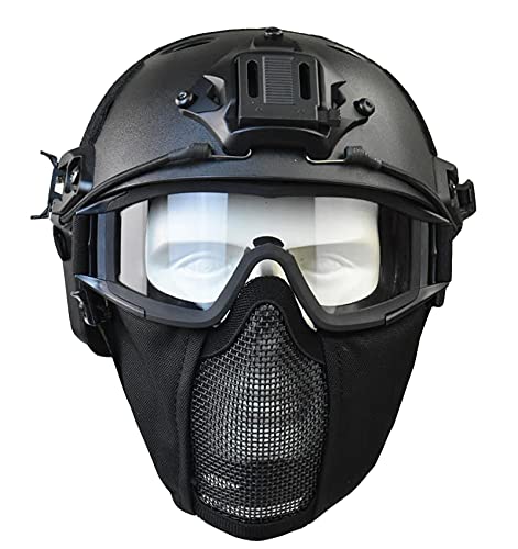 Tactical Fast Helmet with Ear Protection Foldable Half Face Airsoft Mesh Mask and Tactical Goggles for Airsoft Paintball Hunting Shooting Outdoor Sports