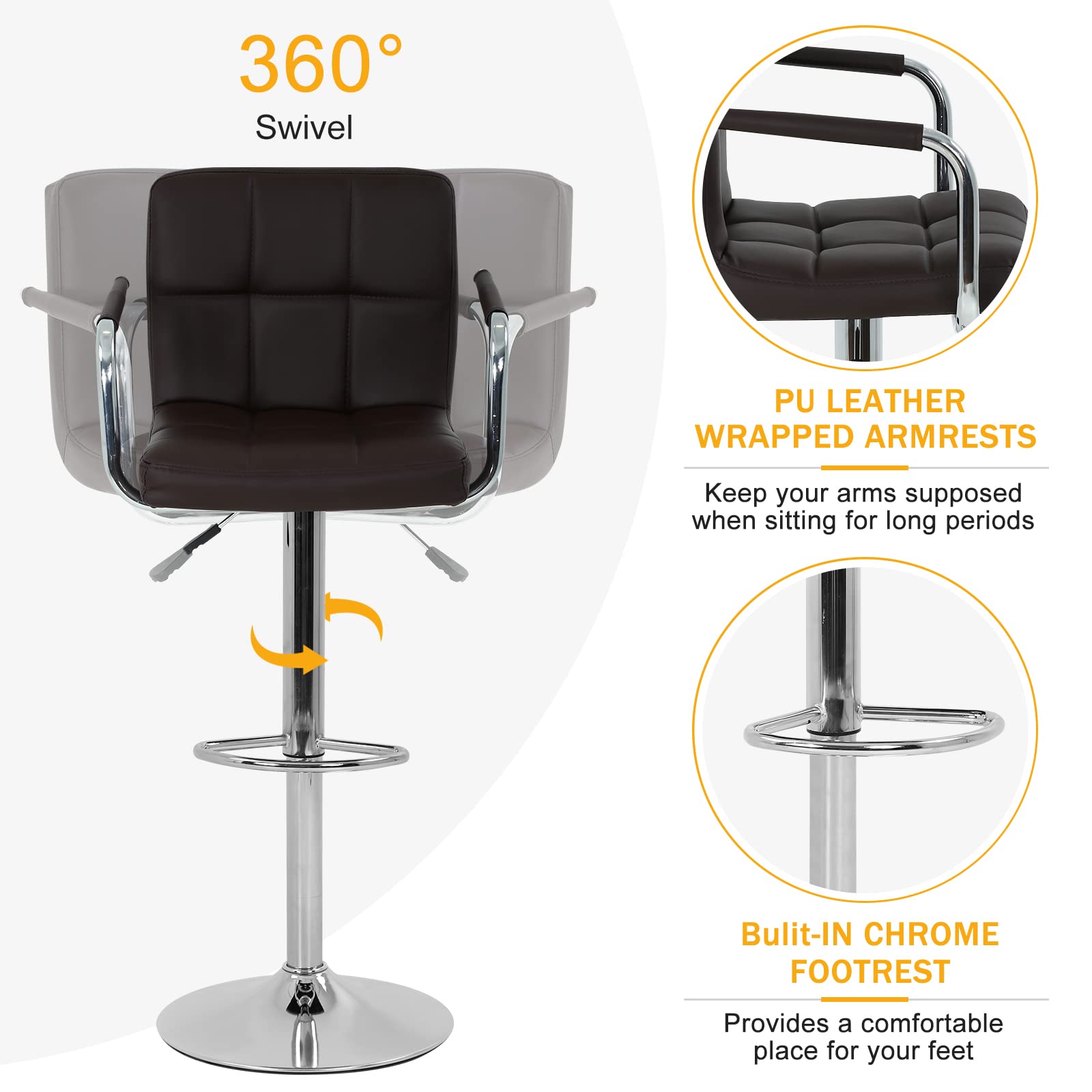 Tyyps Bar Stools Set of 2 Black Bar Chairs Arms, 360 Degree Swivel Counter Height Stools Adjustable Bar Stool Back and PU Leather Bar Chair Modern Island Chairs for Kitchen Dining Room Pub (White)