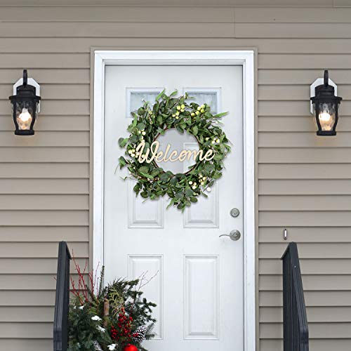 Welcome Wreath Decorations Artificial Eucalyptus Leaves Decorations Wreath Christmas Wreath Holiday Decor with Welcome Wood Board and Plastic Hooks for Home Window Wall Farmhouse Indoor Outdoor