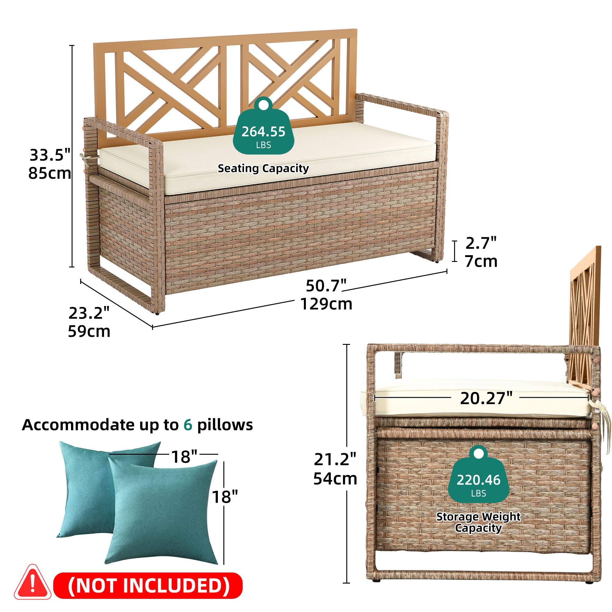 YITAHOME 70 Gallon Outdoor Storage Bench, All-Weather PE Rattan Deck Box Bench, Storage Seating Box for Outdoor Cushions, Pool Storage and Garden Tools - Teak