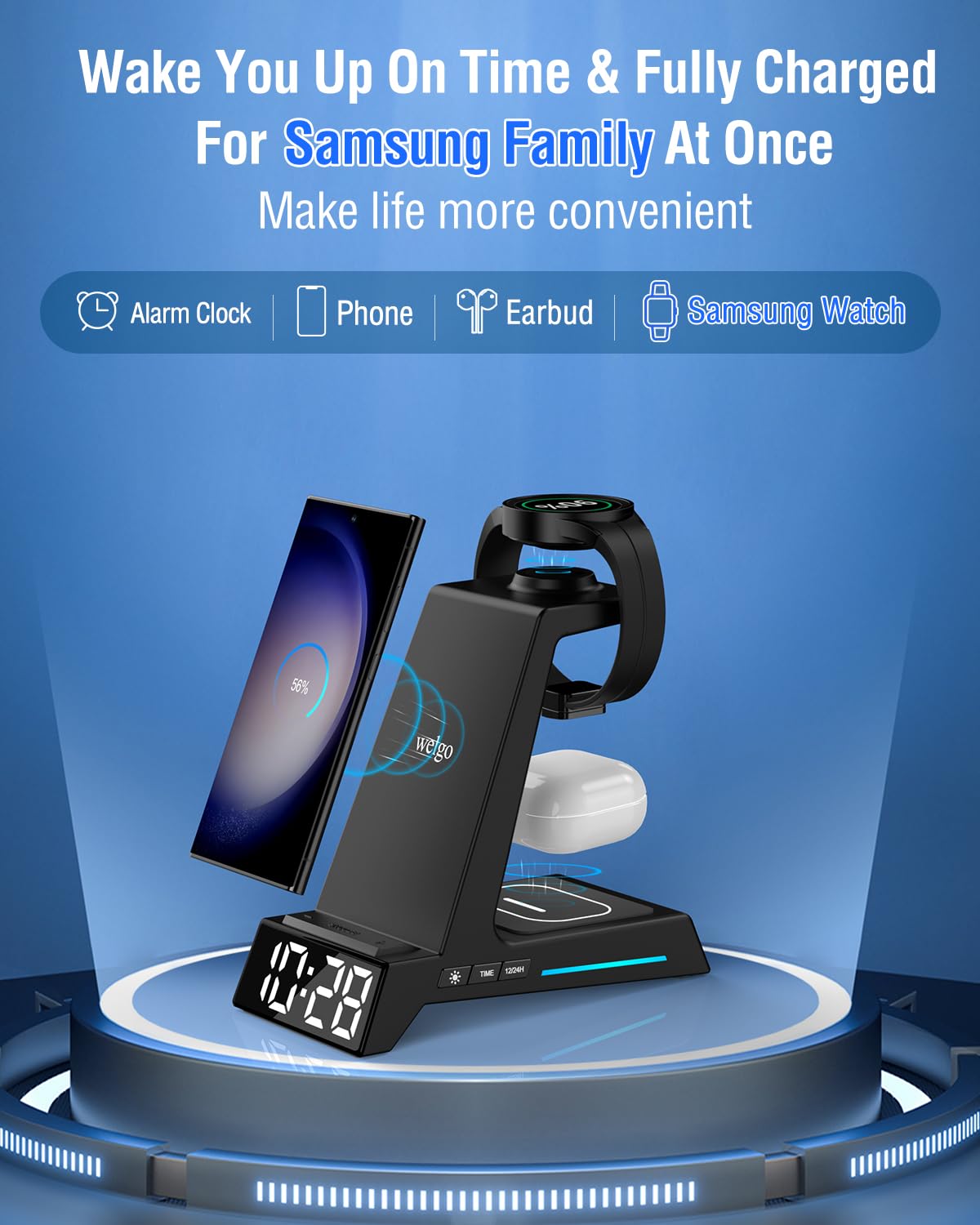 Welgo Wireless Charger for Samsung with Alarm Clock, 4 in 1 Charging Station for Samsung S23 Ultra/S22/Note 10/Z Fold4/Z Flip4/iPhone, for Galaxy Watch 5 Pro/4/3 & Samsung Galaxy Buds