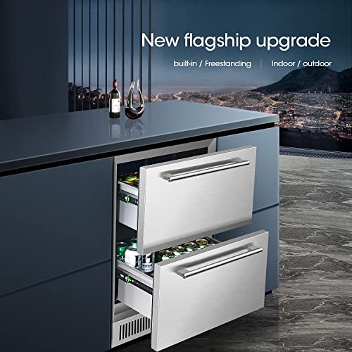 Vesgold 24 inch wide drawer refrigerator, built-in wine and beverage refrigerator under the counter, weatherproof, indoor and outdoor refrigerators, all-stainless steel cooler.