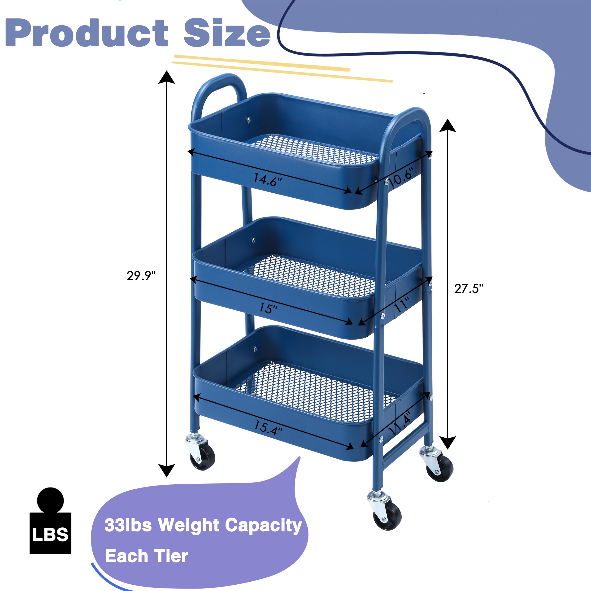 WELL-STRONG Metal Storage Trolley - 3-Tier Rolling Cart with Lockable Wheels - Multi-Purpose Utility Cart with Handle - Mobile Shelving Organizer for Bathroom, Office, Kitchen, Bedroom Navy Blue