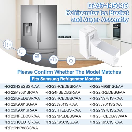 UPGRADED DA97-14504C Refrigerator Ice Bucket Compatible with Samsung Ice Bucket Replacement Ice Maker Tray Parts DA97-14504A Ice Container, AP6039681 RF23HCEDBSR RF22KREDBSR RF23J9011SR Ice Bin