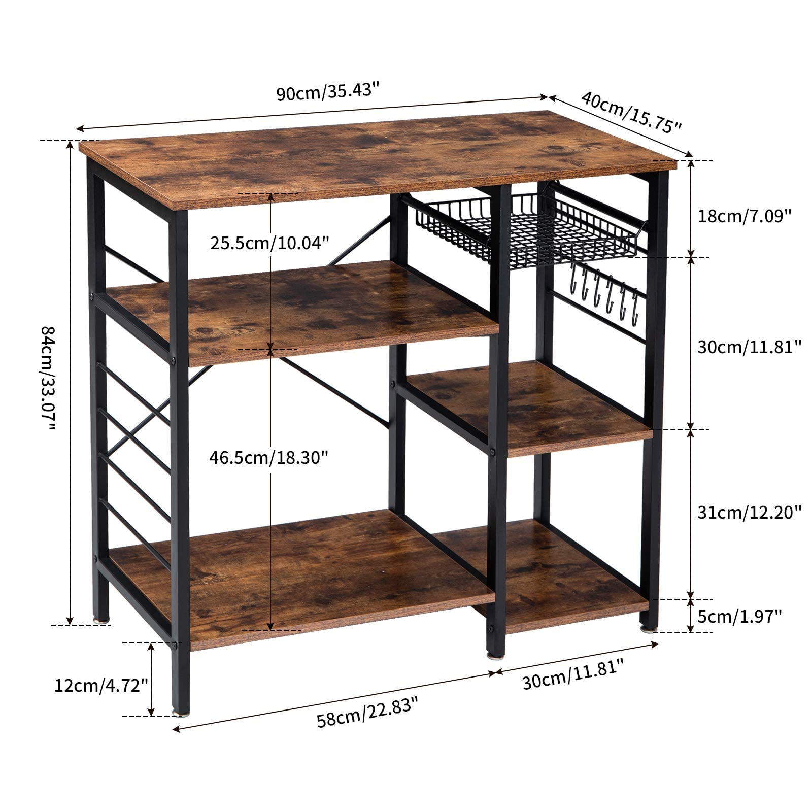 YMYNY Baker’s Rack, Coffee Bar Table Station, Microwave Oven Stand, Multifunctional Kitchen Organizer Workstation, Utility Storage Shelf Rack with 6 S-Hooks, Rustic Brown, 35.4*33.1*15.75 " UHTMJ021H