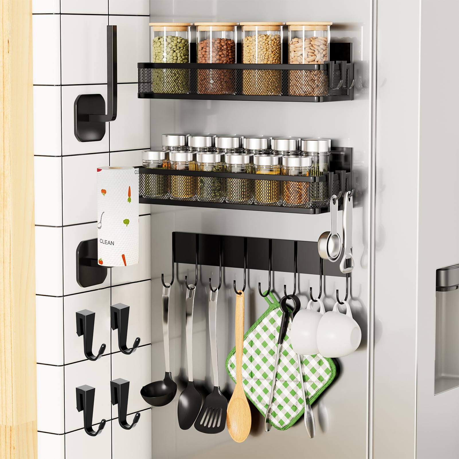 YUANYE Spice Rack for Refrigerator, 9PCS Magnetic Storage Rack with 3 Strong Holders, 13lbs Capacity, Modern Black Design, Incl 2 Paper Towel Holders, 4 Removable Hooks