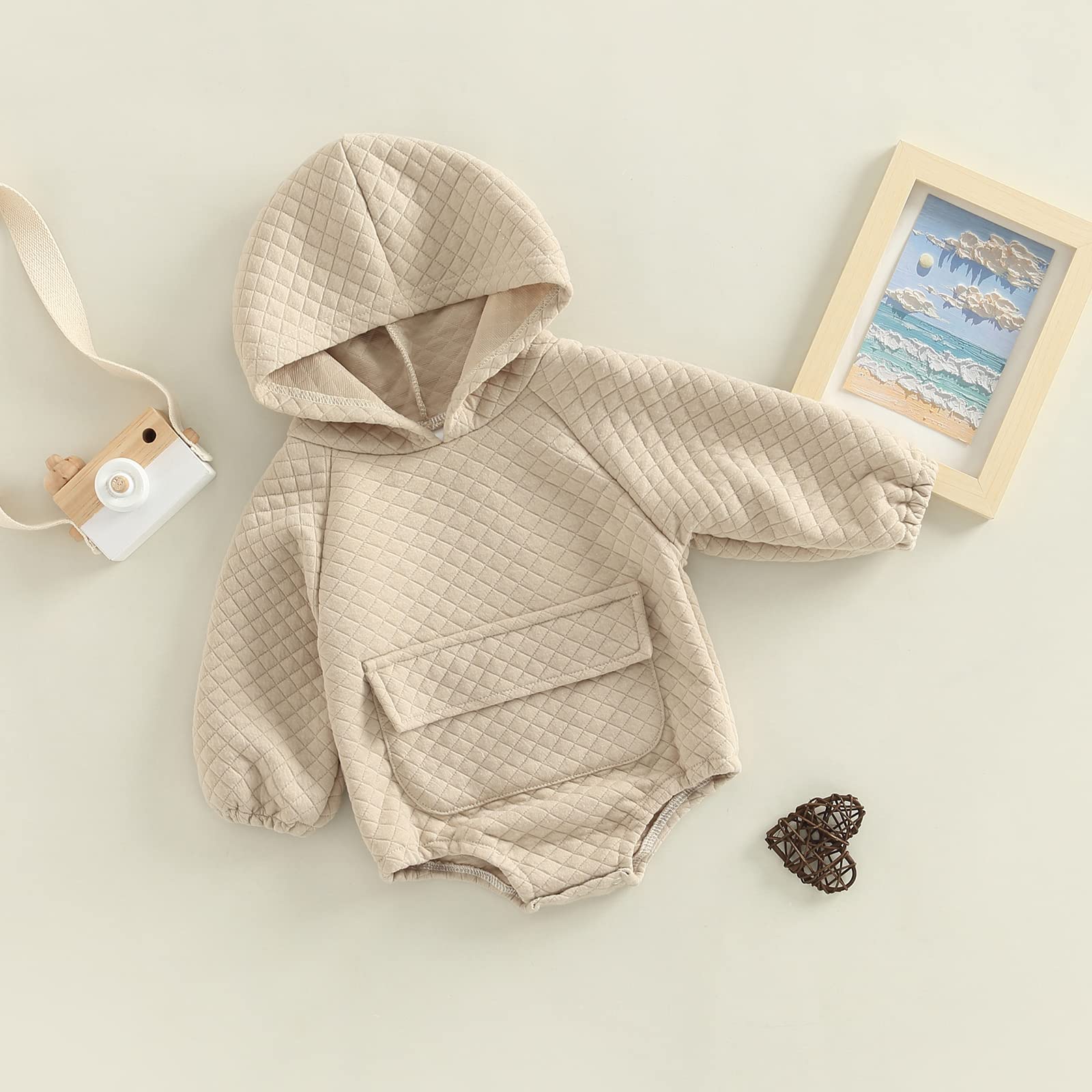 xiqaalombvt Infant Baby Girl Boy Winter Clothes Hoodie Pullover Sweatshirt Romper Solid Long Sleeve Romper Fall Outfit (Solid Khaki-Warm, 18-24 Months)