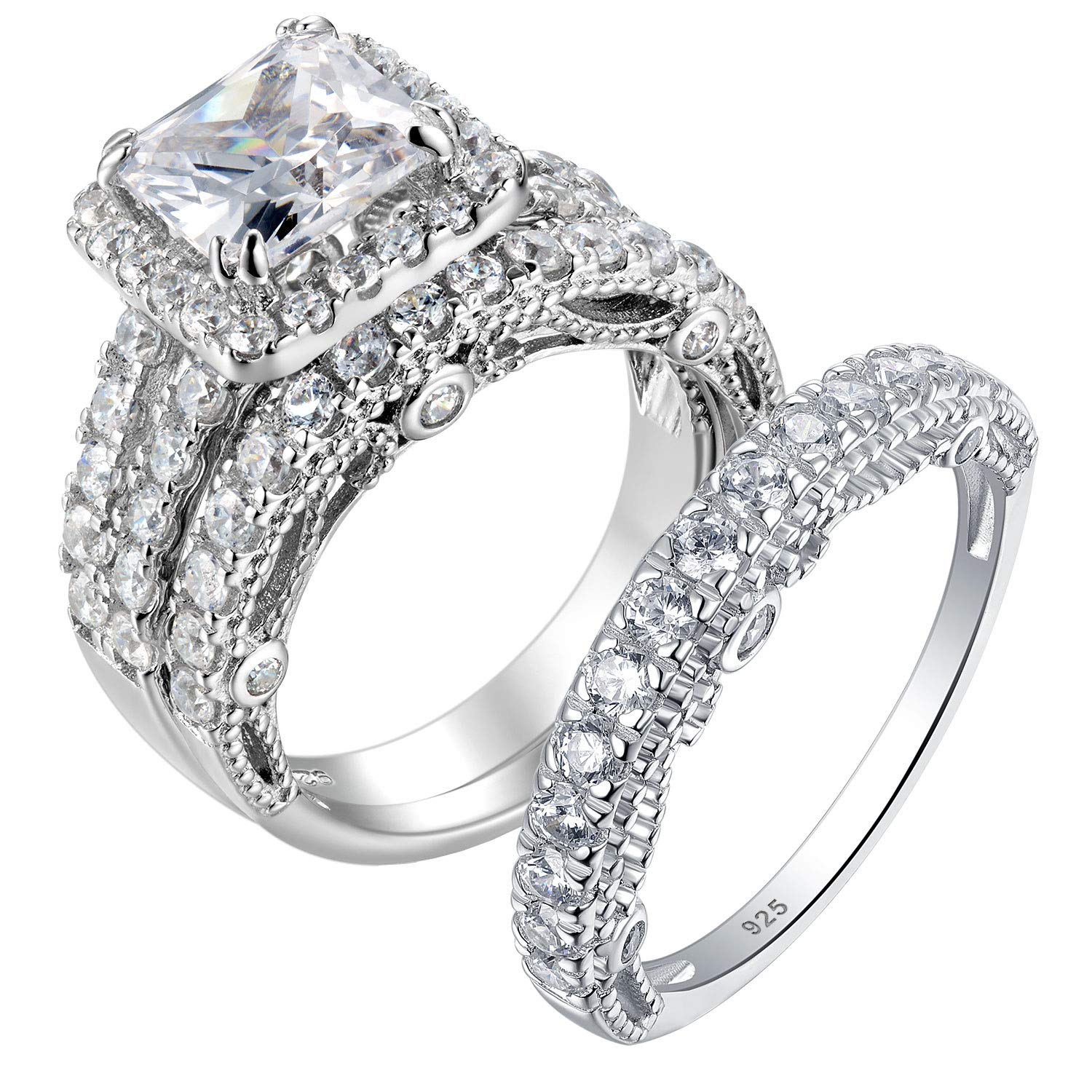 Wuziwen 4Ct Engagement Rings for Women Sterling Silver Cubic Zirconia Wedding Bridal Ring Set With 2 Band Size 7