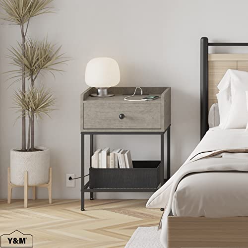 Y&M Nightstand with Charging Station and USB Ports, Side End Table with Drawer, Modern Bedside Tables Night Stand Storage Shelf for Small Spaces, Bedroom, Living Room - Gray and Black