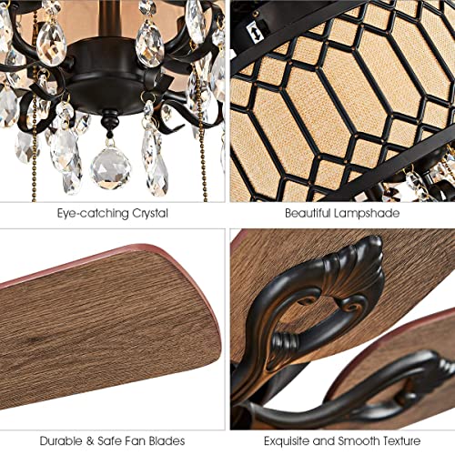 Tangkula 52" Crystal Ceiling Fan with Lights, Classical Crystal Ceiling Fan with Pull Chain Control, Elegant Modern Ceiling Fans with Chandeliers 5 Iron Reversible Blades, Mute Motor (Black)