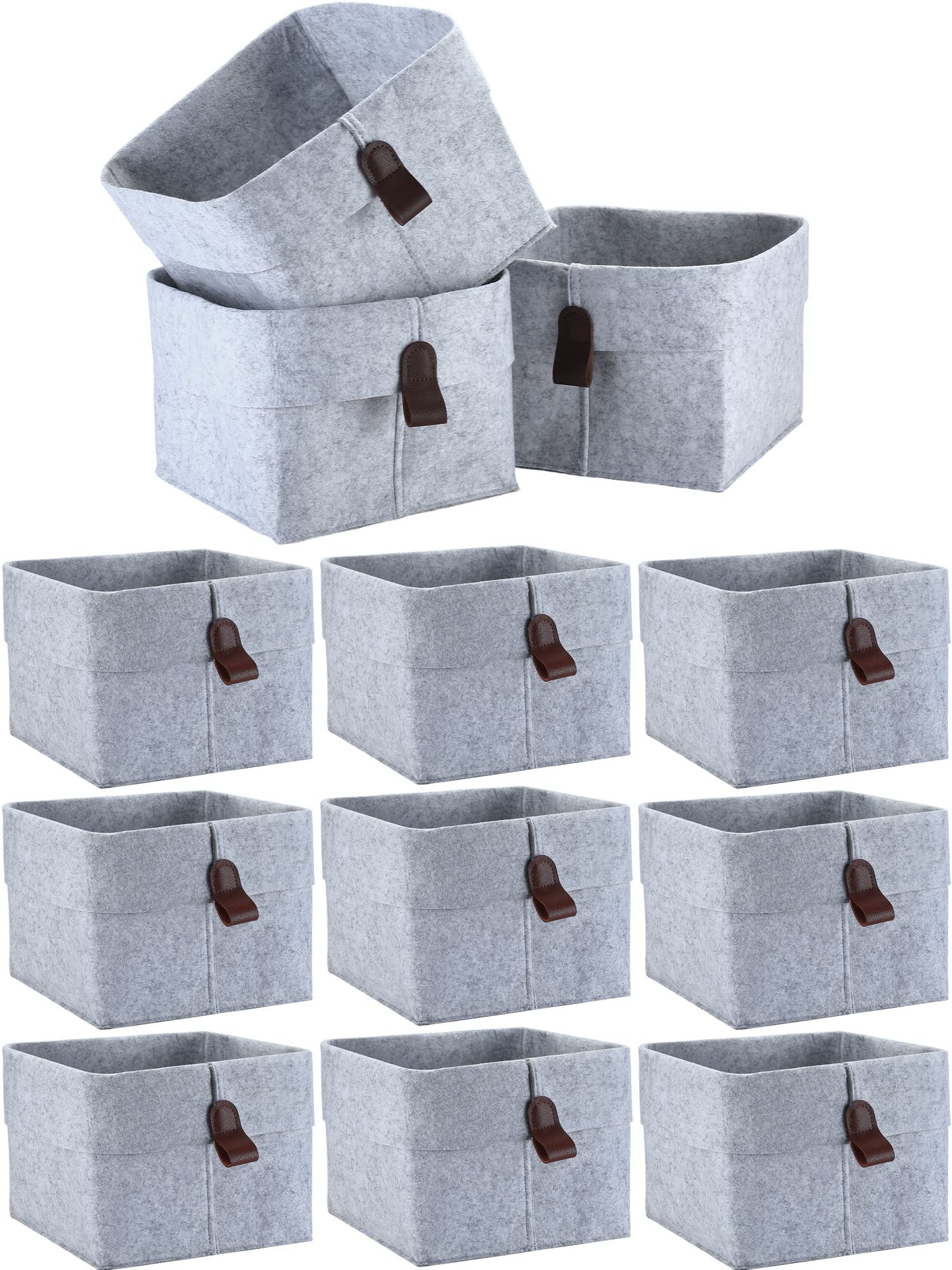 Wesiti 12 Pcs Felt Storage Basket 9'' x 9'' x 10.2" Cube Foldable Fabric Storage Bins with Handles Collapsible Toy Storage Basket Shelf Closet Organizers for Bedroom Playroom Nursery Office, Grey