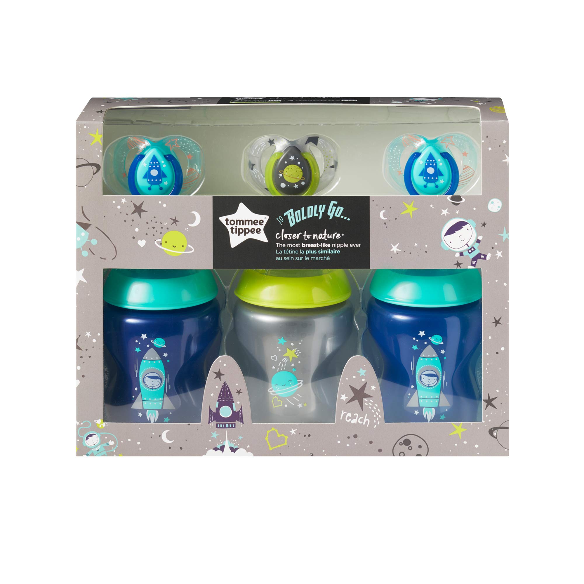 Tommee Tippee Closer to Nature Boldly Go Gift Set, Girl – 3x 9oz Baby Bottles & 3x 6-18mo Pacifiers