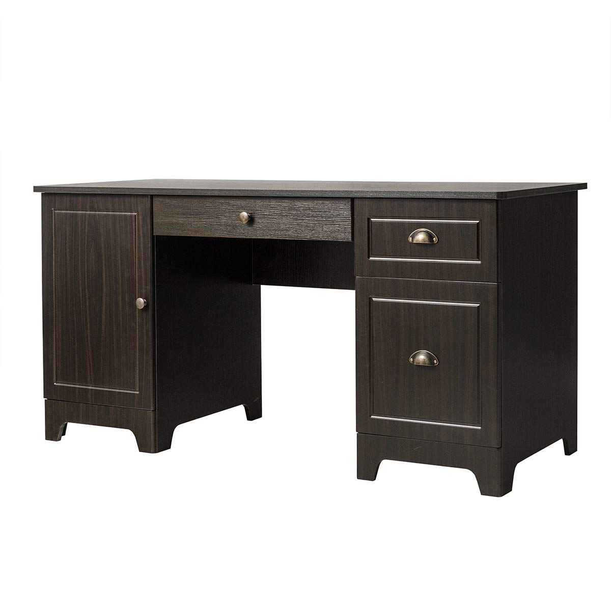Tangkula Computer Desk with Drawers & Cabinet, Wooden Executive Desk Home Office Desk, Writing Study Desk Computer Workstation, PC Laptop Desk for Bedroom & Office (Brown)