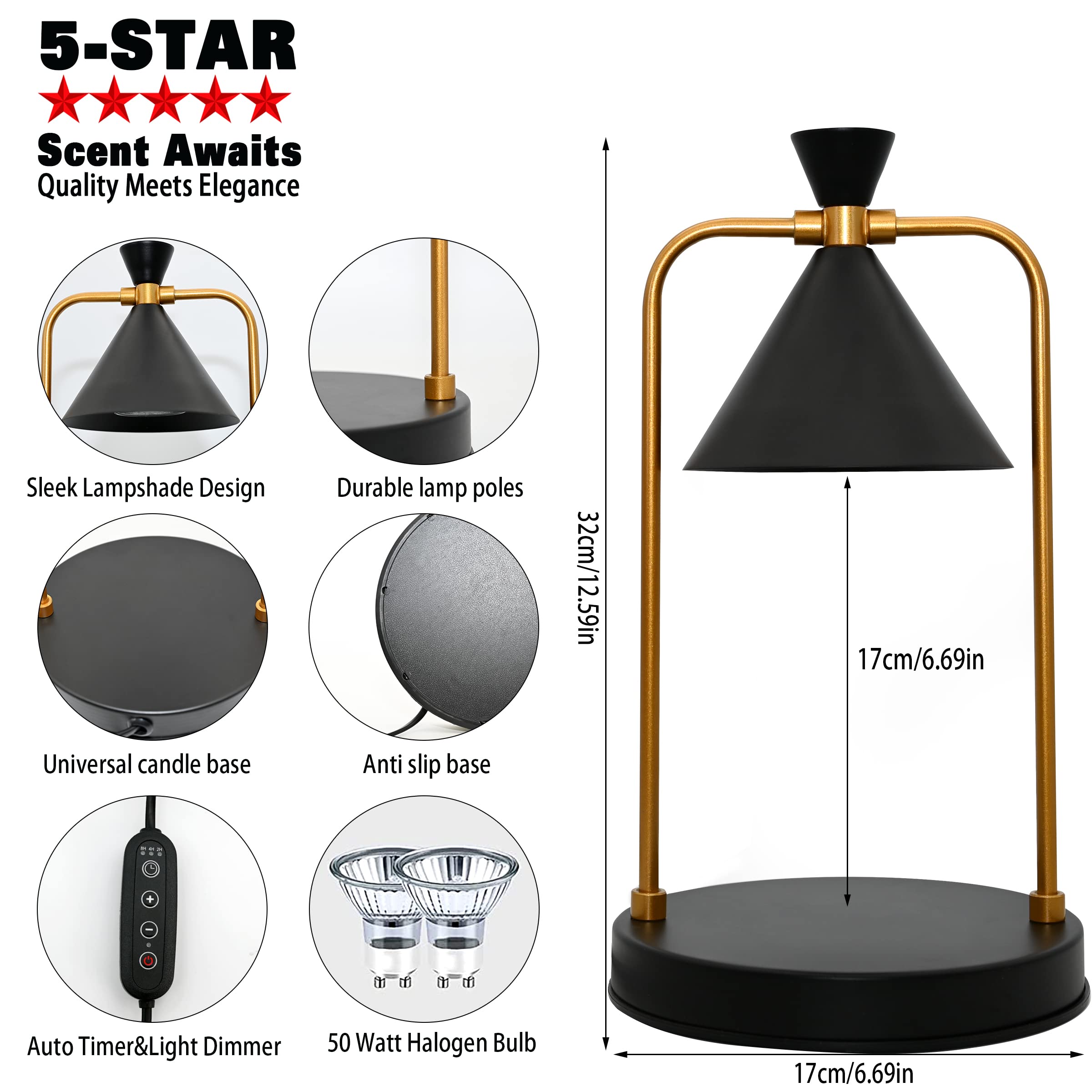 XJZJY Candle Warmer Lamp with 2 Bulbs,Electric Candle Warmer with Timer,Christmas Gifts for Candle Lovers,Dimmable Candle Lamp,Compatible with Various Candles,Candle Holders for Home Decor,Black